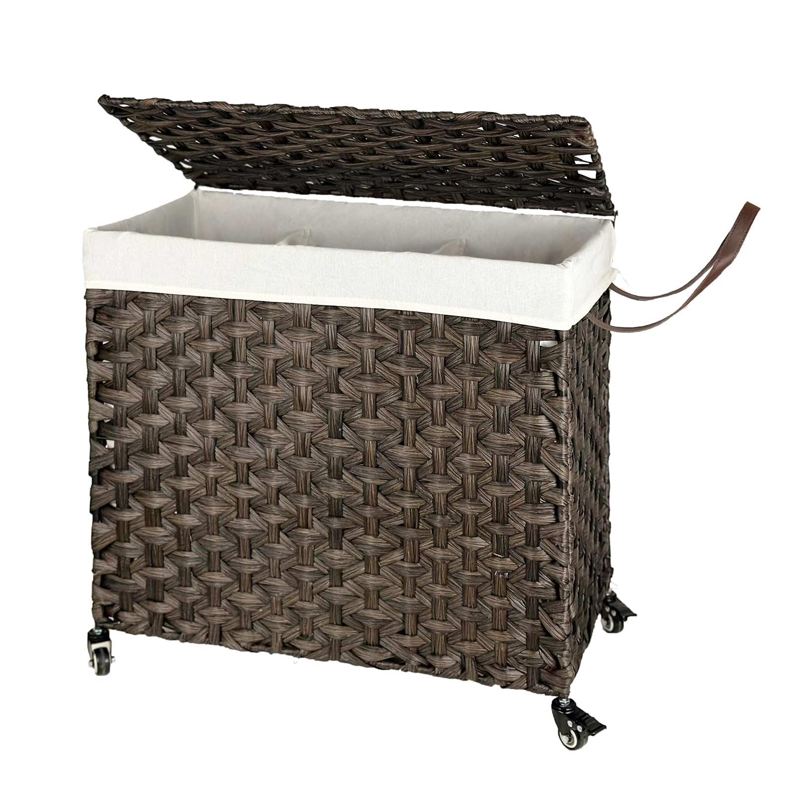 MOORLITER Wicker Laundry Basket with Lid, 34.3 Gallon(130L) Laundry Hamper with Wheels, 3 Section Laundry Hamper, Rolling Laundry Basket, Removable Liner, Laundry Room, 26x13x26 Inches, Dark Brown