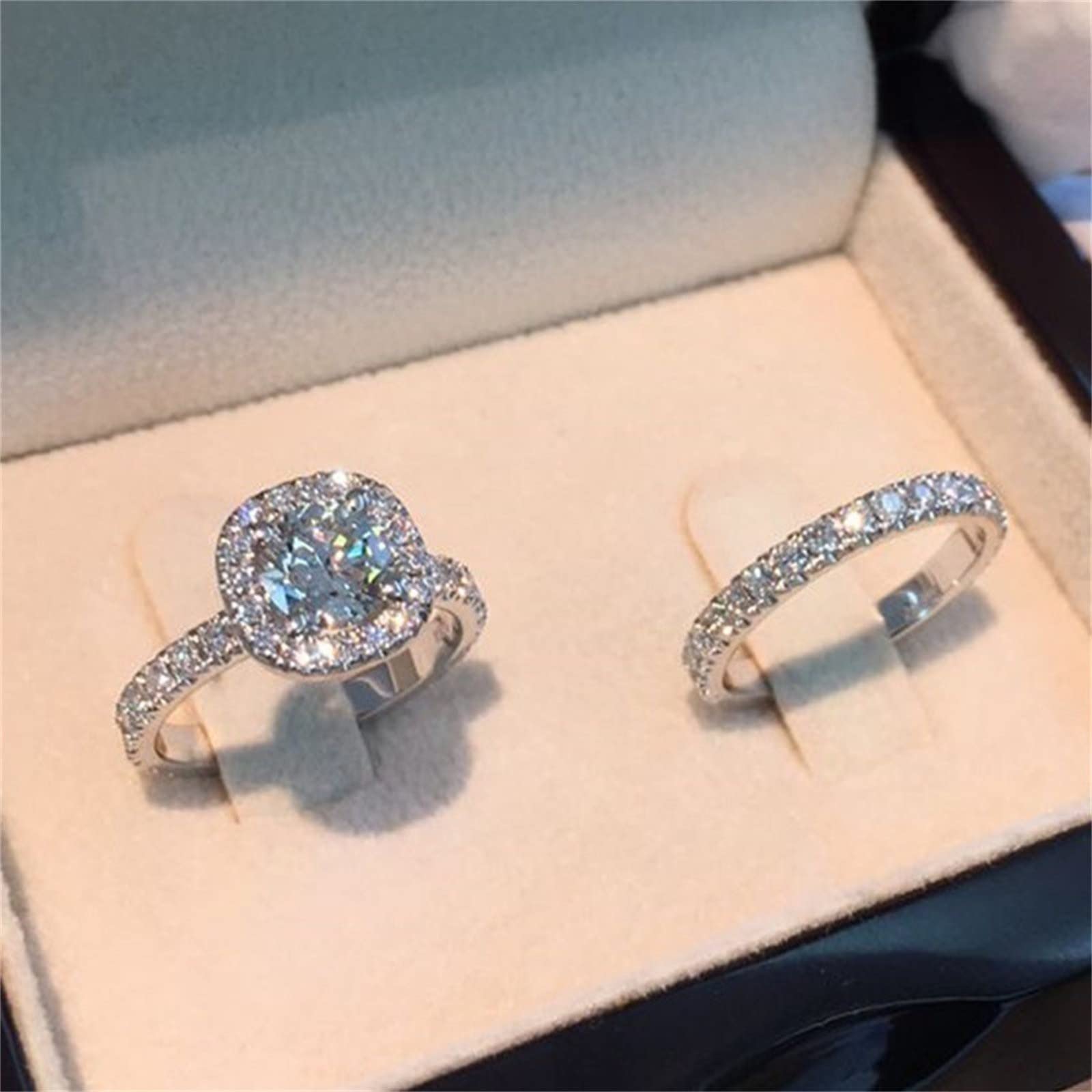 FUELEGO 2pcs Full Diamond Ring Set for Women Exquisite Stackable Square Diamond Engagement Wedding Jewelry Birthday Valentine's Day Gifts