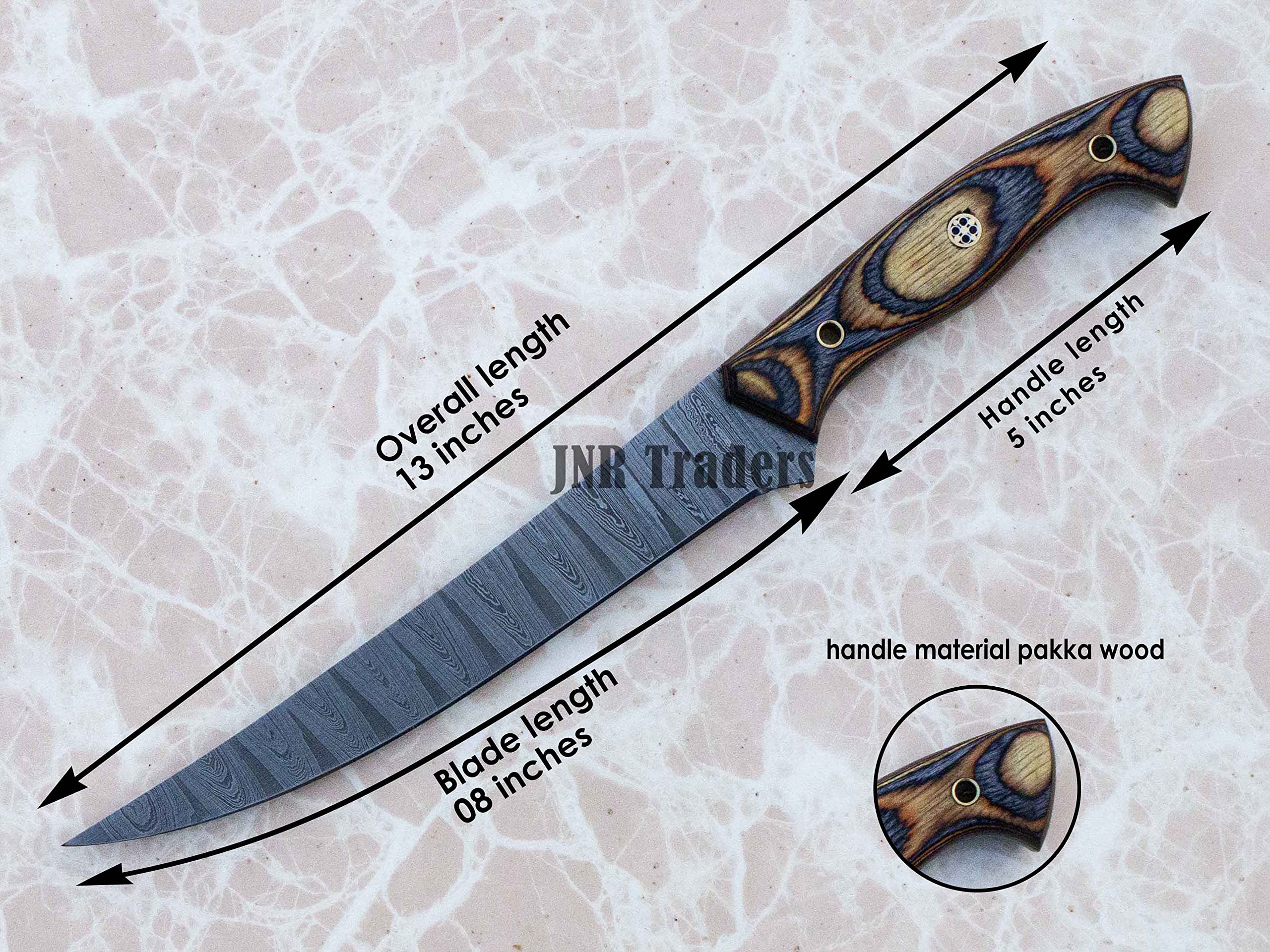 JNR Traders Damascus Boning Knife for Meat Cutting 13" Handmade Fillet Knife Thin Sharp Chef Kitchen Knife with Leather sheath Wood Handle vk3731