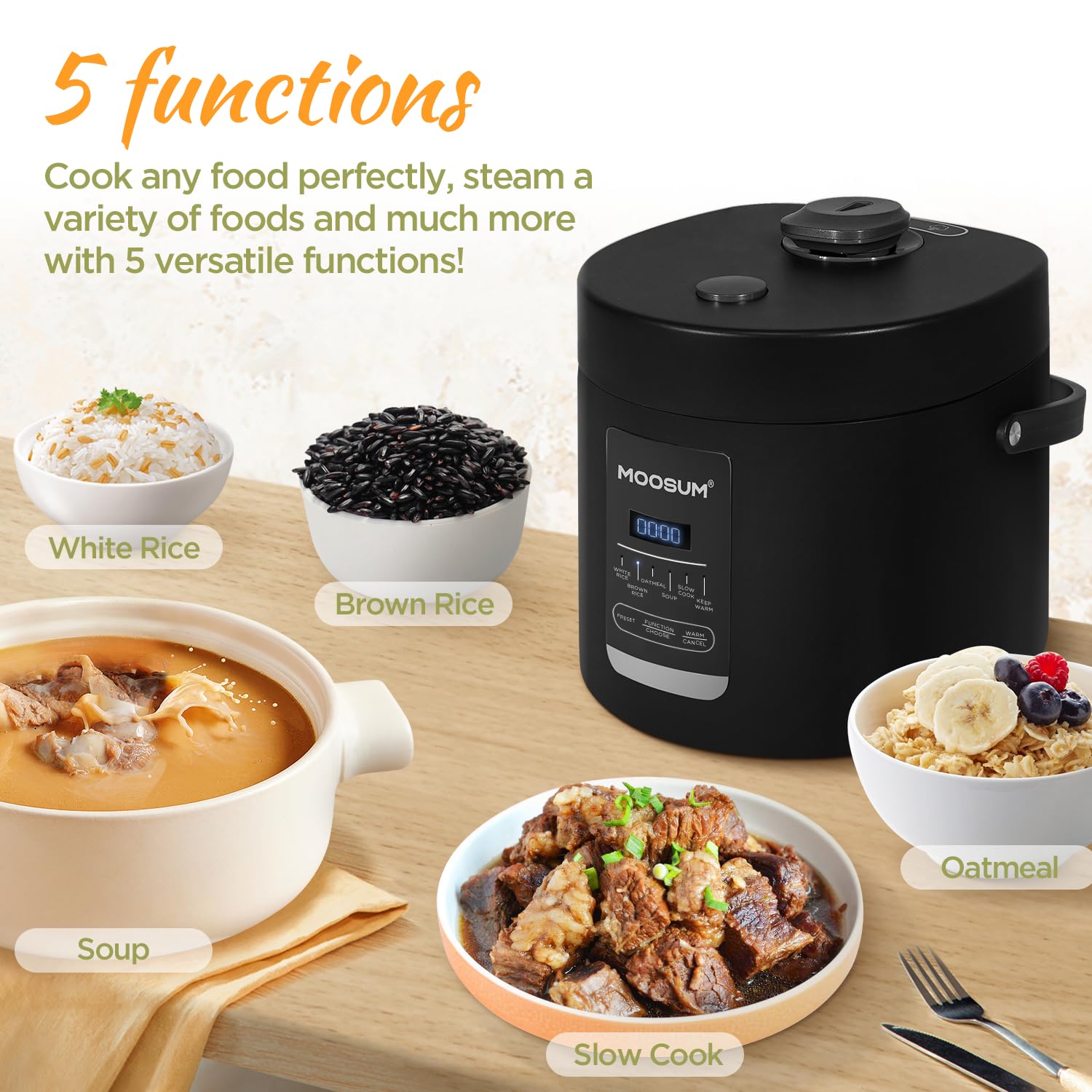 MOOSUM Multi Mini Rice Cooker 2-cups Uncooked (1.2L), Portable Small Japanese Travel Rice Cooker with Non-Stick Inner Pot, Slow Cooker, Easy Presets,24 Hours Timer Delay & Keep Warm Function, Pink