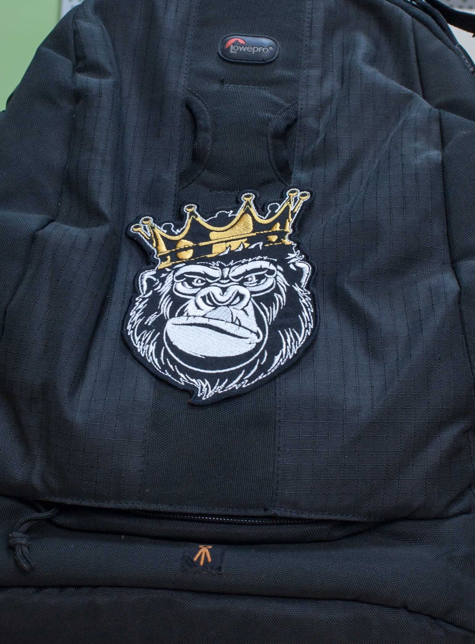 Gorilla King with Gold Crown Embroidered Patch. Iron On. Size: 5.5 X 4 inches.
