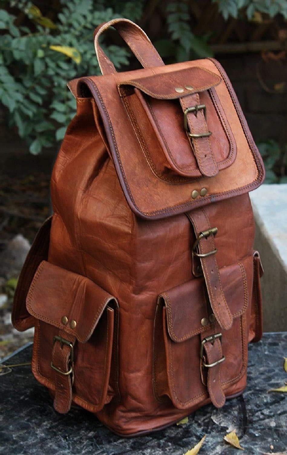 GifteQ Retro Travel Rucksack Backpack Brown Leather Bag for Men Women (18")