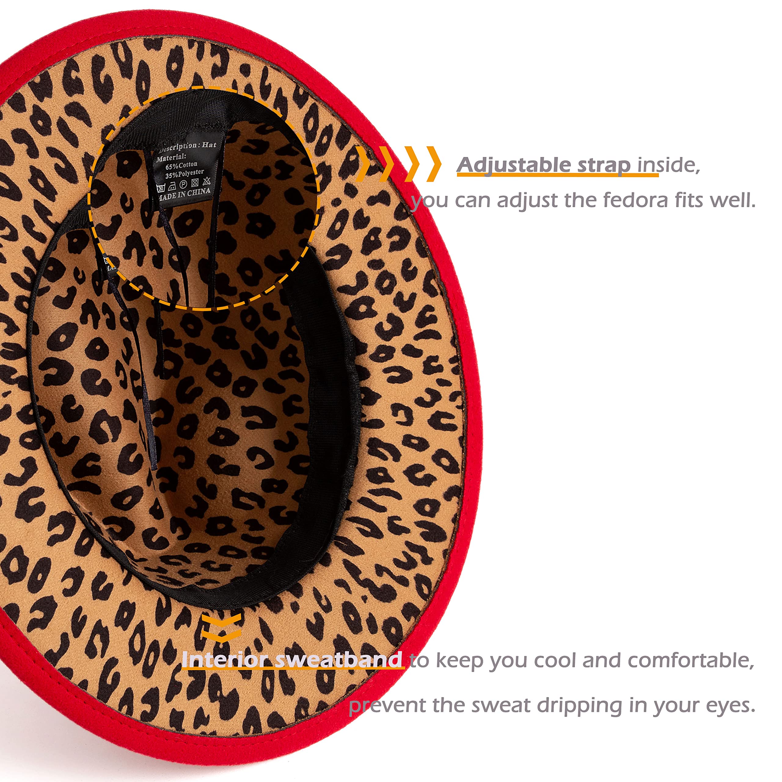 Gossifan Women Two Tone Wide Brim Fedora Felt Panama Hats Classic Belt Buckle Red/Leopard