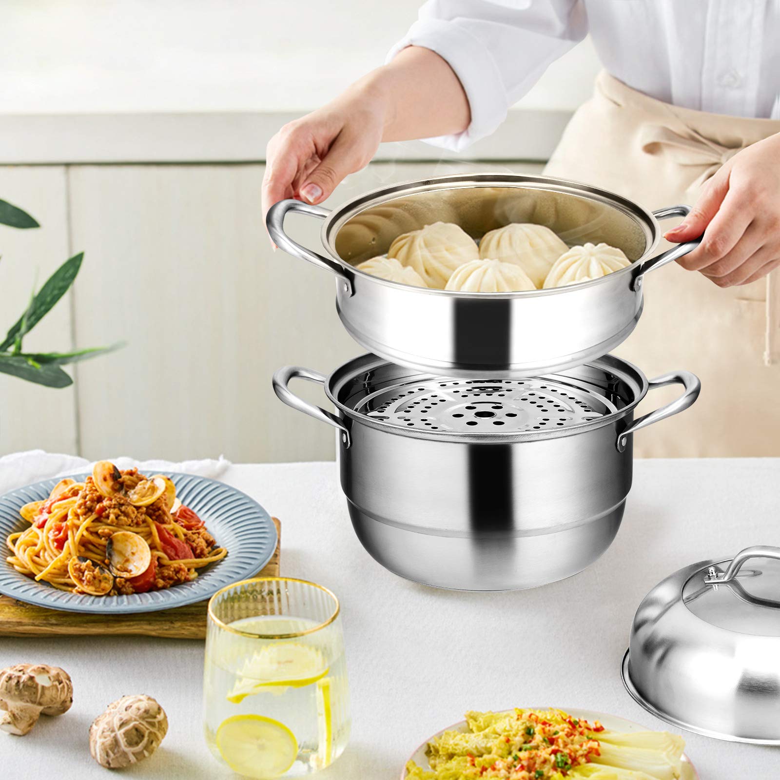 PETSITE 3-Tier Stainless Steel Steamer Pot, 11" Multi-Layer Cooking Pot, Steam Pot with Handles & Tempered Glass Lid, Steamer for Cooking