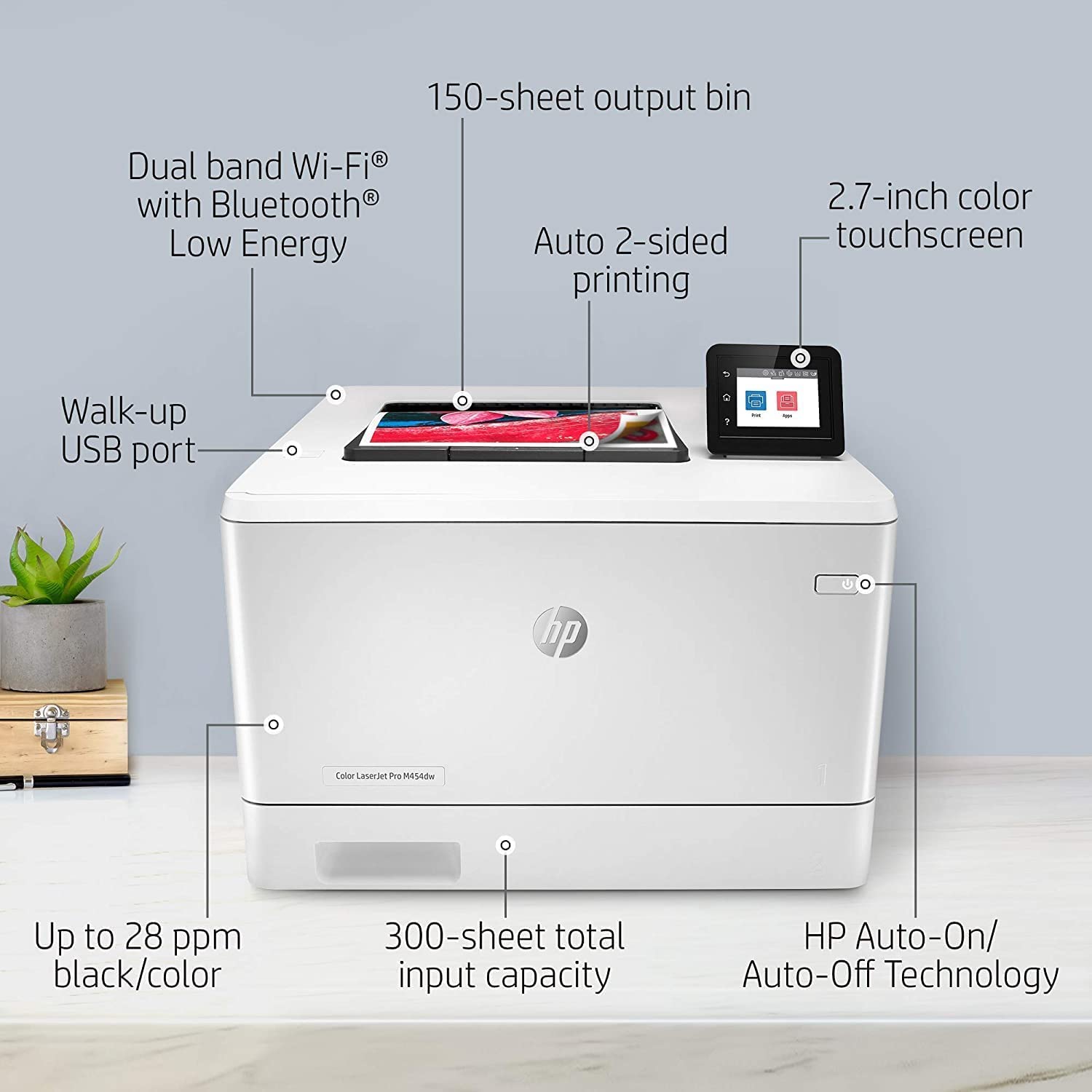 HP Color Laserjet Pro M454dw Print only Wireless Ethernet Laser Printer for Home Office, 28 ppm, 2.7" Touchscreen, 600 x 600 dpi, 8.5 x 14, 512MB RAM, Auto Duplex Printing, White, Cbmou Printer Cable
