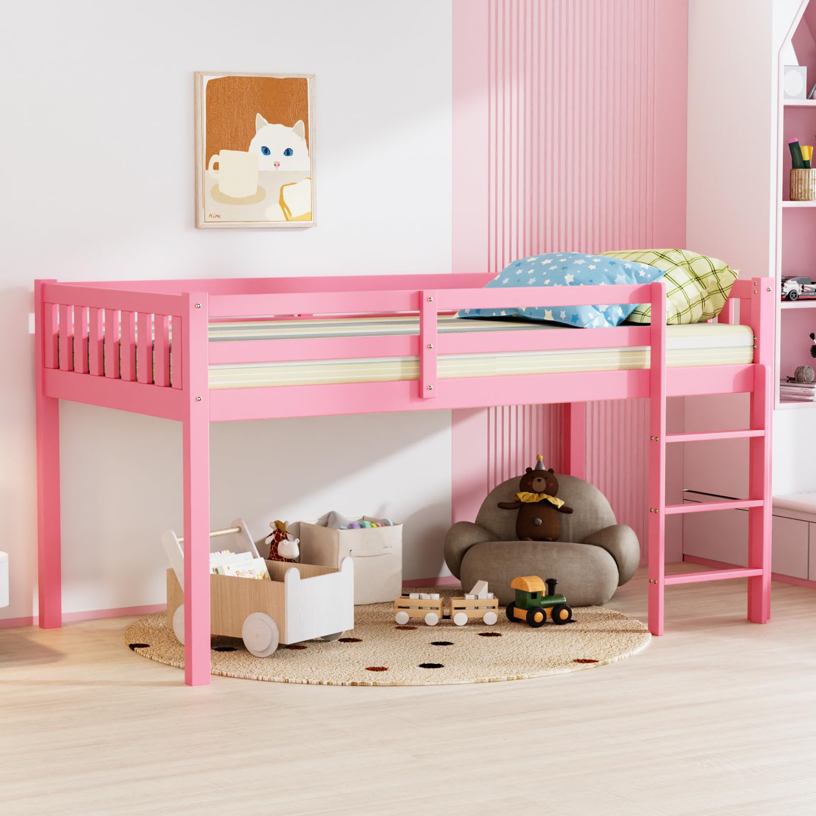 JOYMOR Low Loft Bed Twin Size with Stairs, Wooden Toddler Loft Bed for Kids, Junior,Young Teens,Pine Wood Twin Bed Frame, Space-Saving Design, No Box Spring Needed, Pink