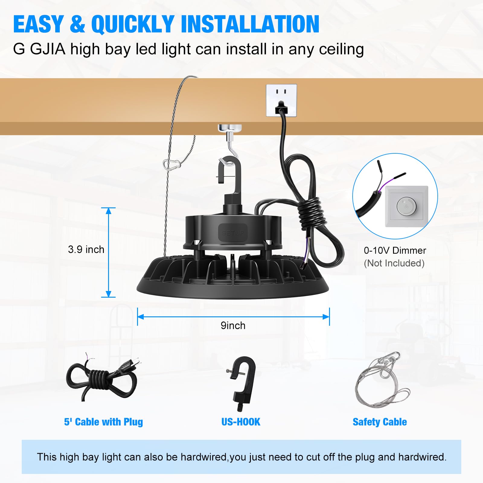 LED High Bay Shop Light 100W 15000LM Super Bright High Bay Lights 5000K, 0-10V Dimmable,US Plug 5' Cable, 100-277V for Garage Barn Warehouse(2 Pack)