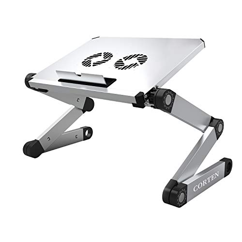 Ergonomic Portable Laptop Table Desk Stand Foldable Lap Tray for Bed Sofa Fully Adjustable Height and Angle Laptop Riser with USB Fans for Work from Home or Travel(Silver)