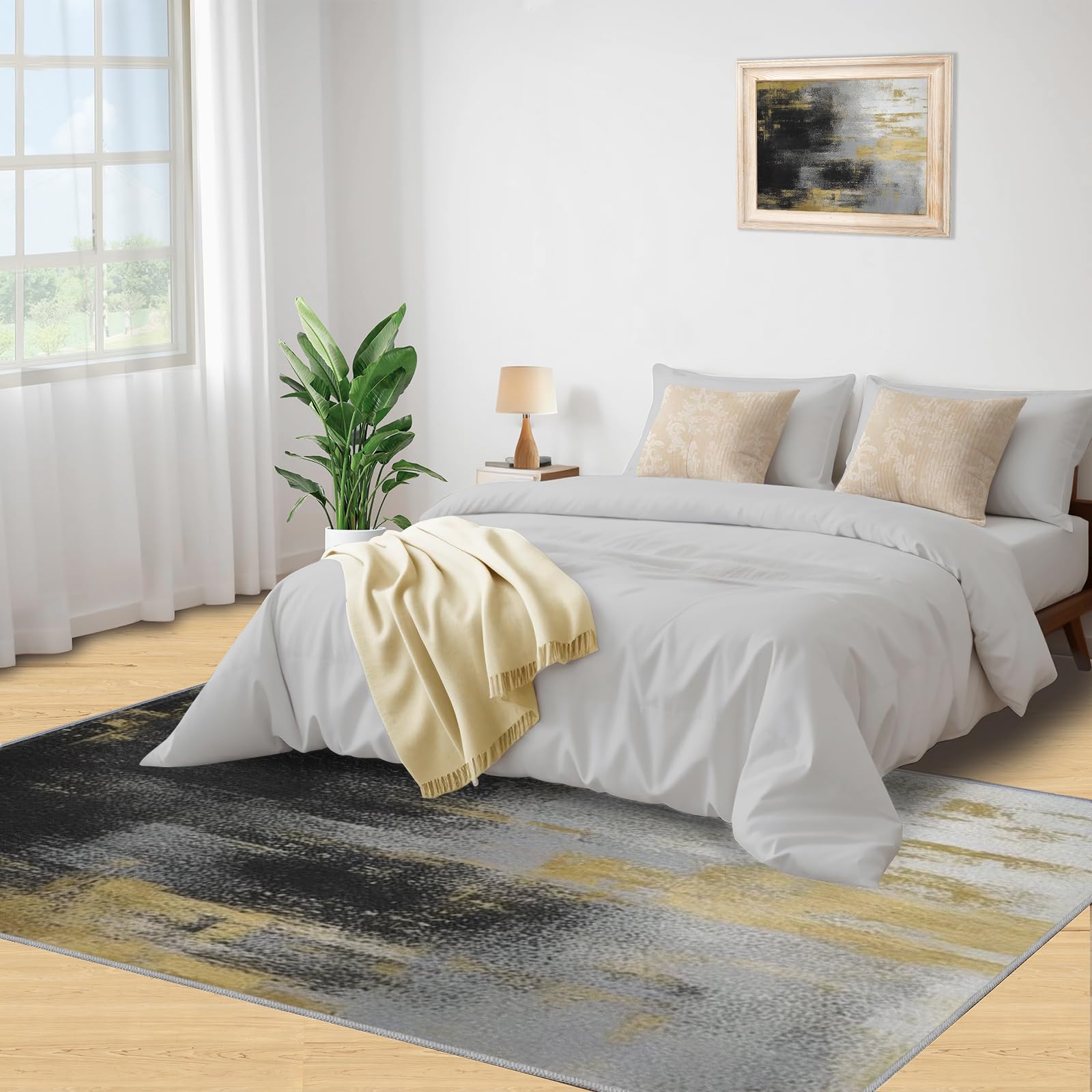 LEGENOB Washable Rugs 2x3 Retro Gold Leaf Pattern Black Area Rug ,Abstract Gradient Black Grey Rug for Living Room ,Anti-Slip Washable Rugs ,Apply to Bedroom Kitchen Dining Room Home Decoe