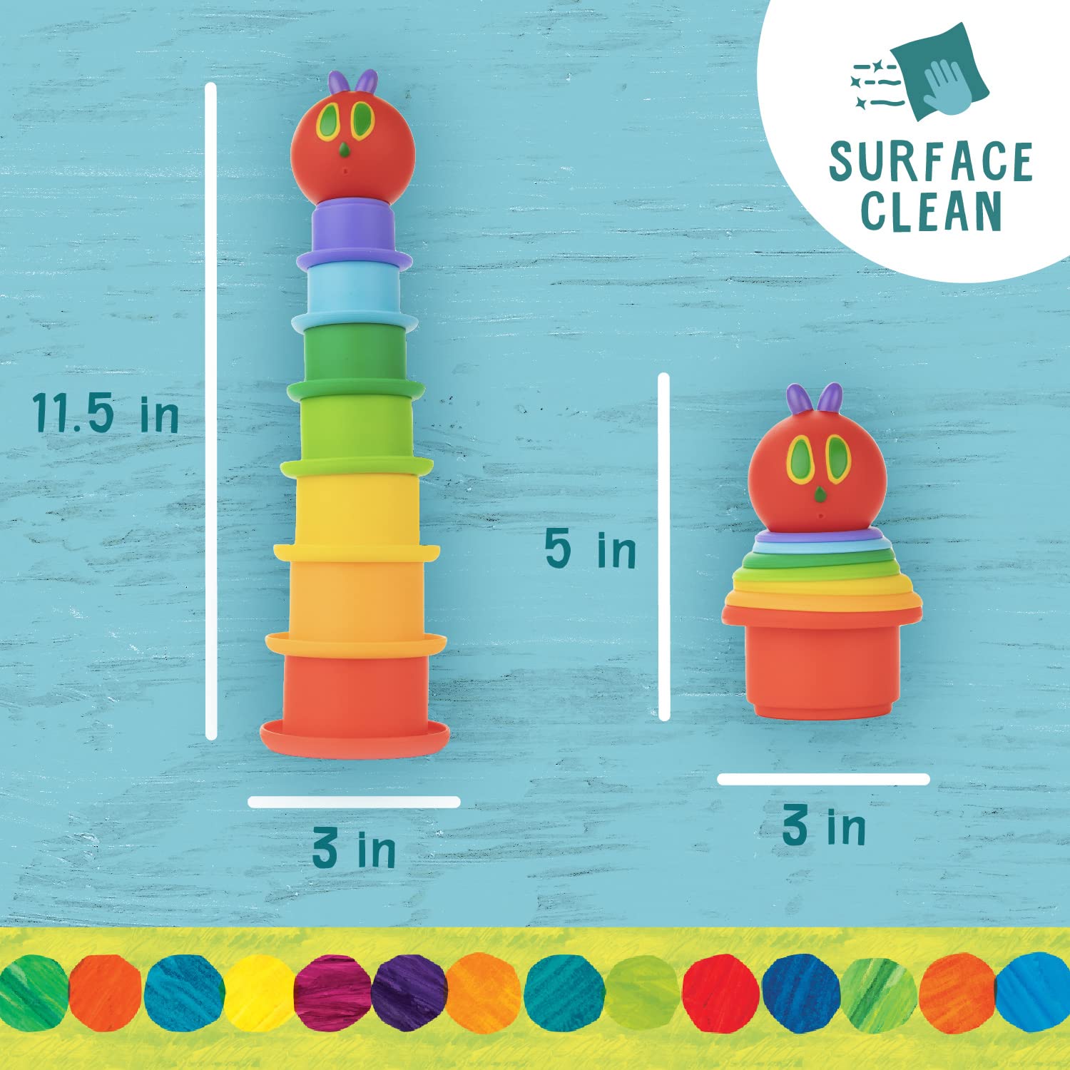 Kids Preferred World of Eric Carle The Very Hungry Caterpillar Bath Time Silicone Stacking Cup Set with Caterpillar Head Squirty Perfect for Water Play Ages 18 Months and Up