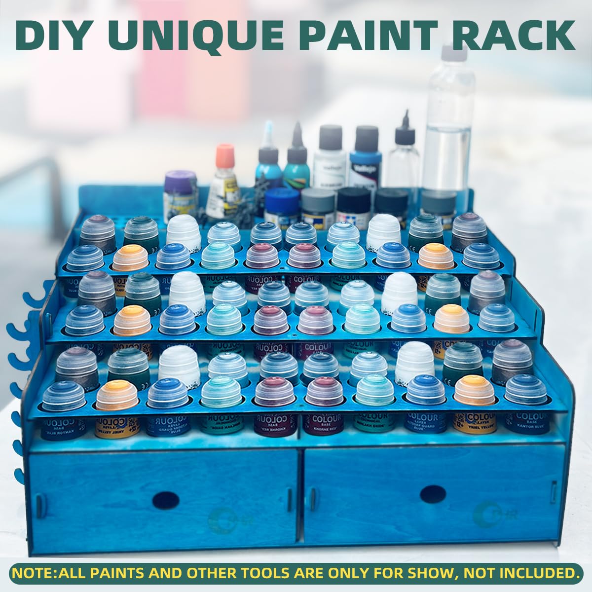 OPHIR Wooden Paint Organizer, Miniature Paint Holder Storage Rack for 60 Acrylic Model Paint Bottles with 2 Drawers, 2 Painting Handle, 25 Paint Brush Holes and 1 Brush Holder for Miniature Paint Set