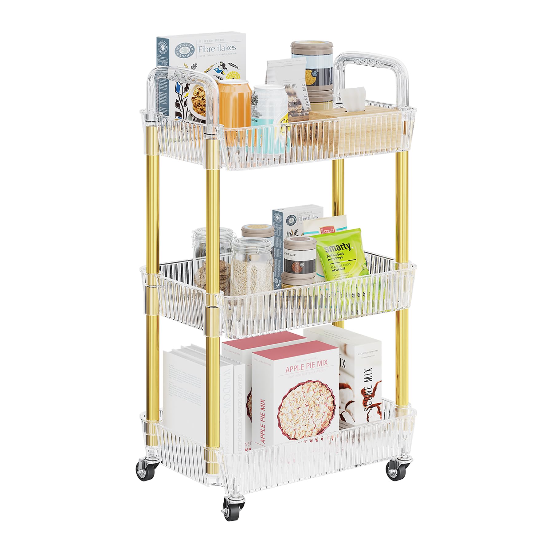 Dttwacoyh 3-Tier Rolling Cart,Makeup Cart with Wheels,Snack Cart,PET and Metal Rolling Cart for Living Room,Kitchen,Office,Bathroom,Golden