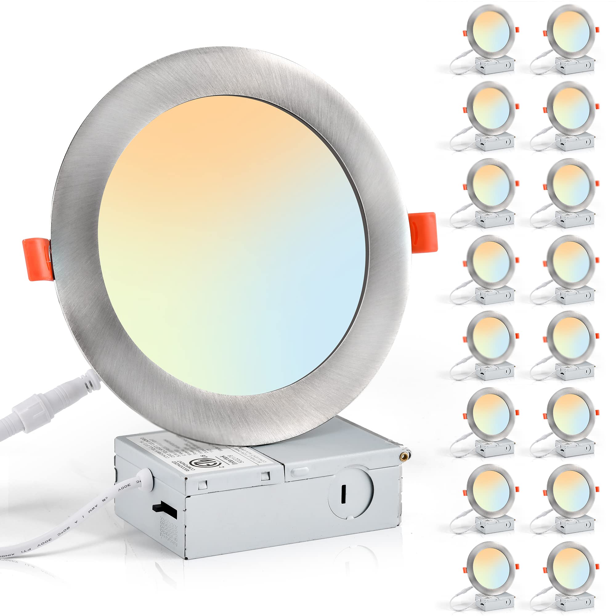LEDIARY 16 Pack 6CCT LED Recessed Lighting 6 inch, 2500K-5000K Selectable Brushed Nickel Recessed Lights, 1100LM High Brightness, 12W Eqv 110W, Dimmable Can Lights with Junction Box - IC Rated, ETL