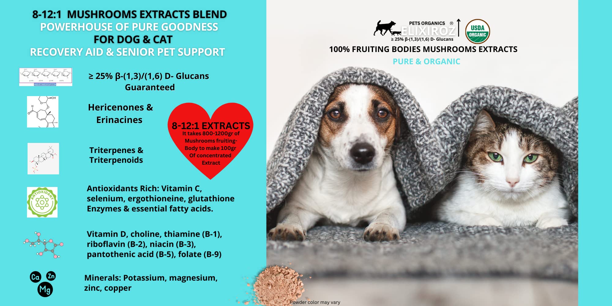 OPTIMIZED RECOVERY Lion's Mane & Cordyceps >25% & >35% β-glucans 100% Mushrooms Fruiting bodies Extracts Blend for Dogs & Cats. Recovery Aid, Healing & Senior Pet Health Formula. 250 SERVINGS for 25lb