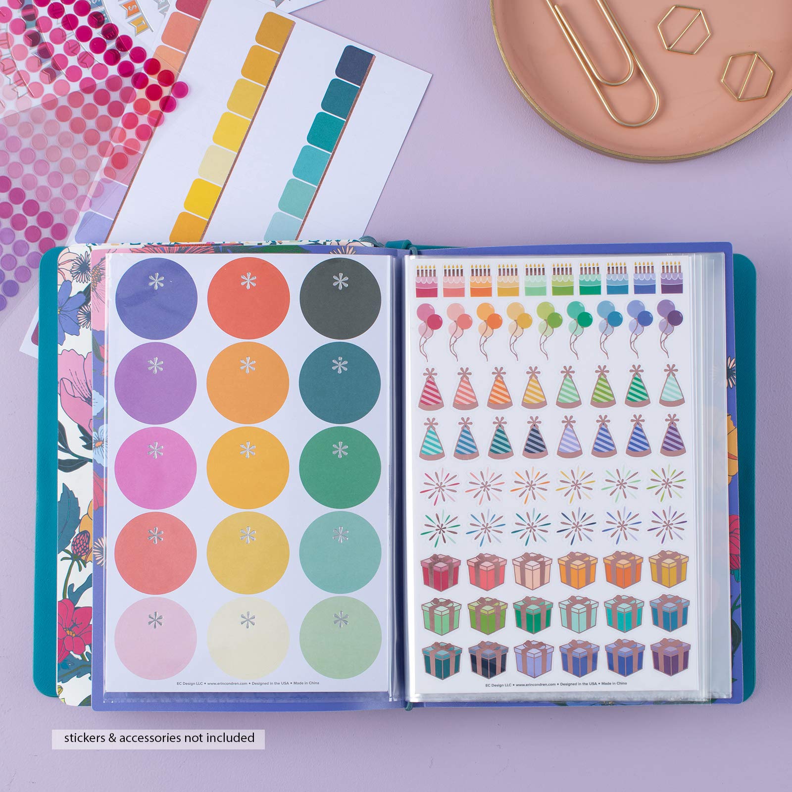 Erin Condren Designer Sticker Album - Flower Power - 24 Pages, Holds 48 Sticker Sheets. Measures 5.7" x 8.3" x .5" Features Protective Plastic Cover to Keep Your Stickers Pristine