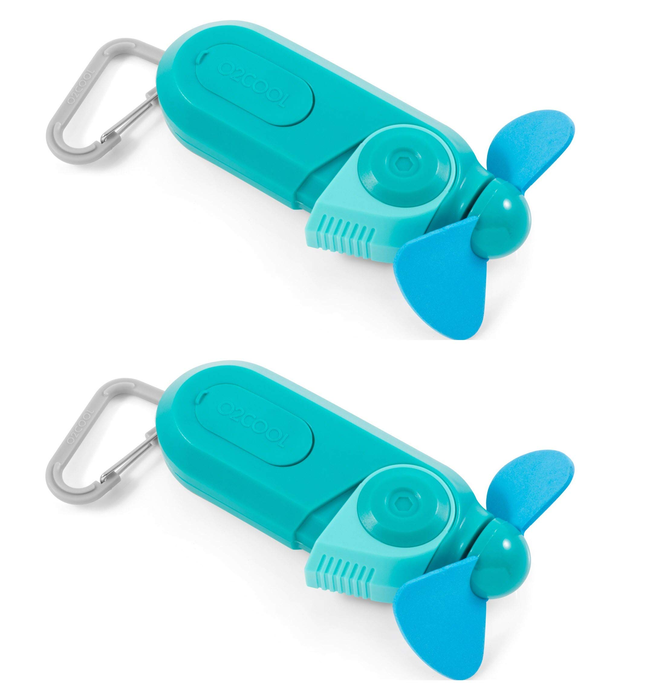 O2COOL Keychain Sport Misting Fan - Pocket Size Battery Powered Portable Fan With Carabiner Clip Small Fan with Mister Handheld Fan Vacation Essentials Hand Fan 2 Pack (Teal)