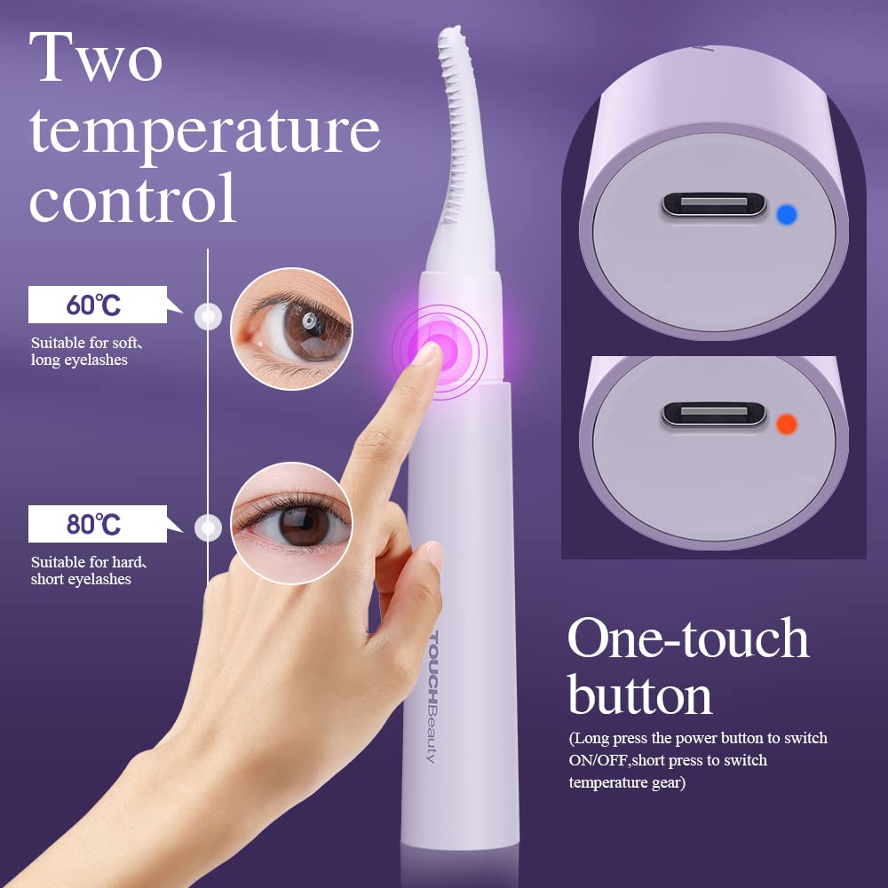 Heated Eyelash Curlers, TOUCHBeauty Electric Lash Curler Rechargeable with Dual-Sided Silicone Comb, 2-Level Temperature, No Pinching, Natural Curling Violet