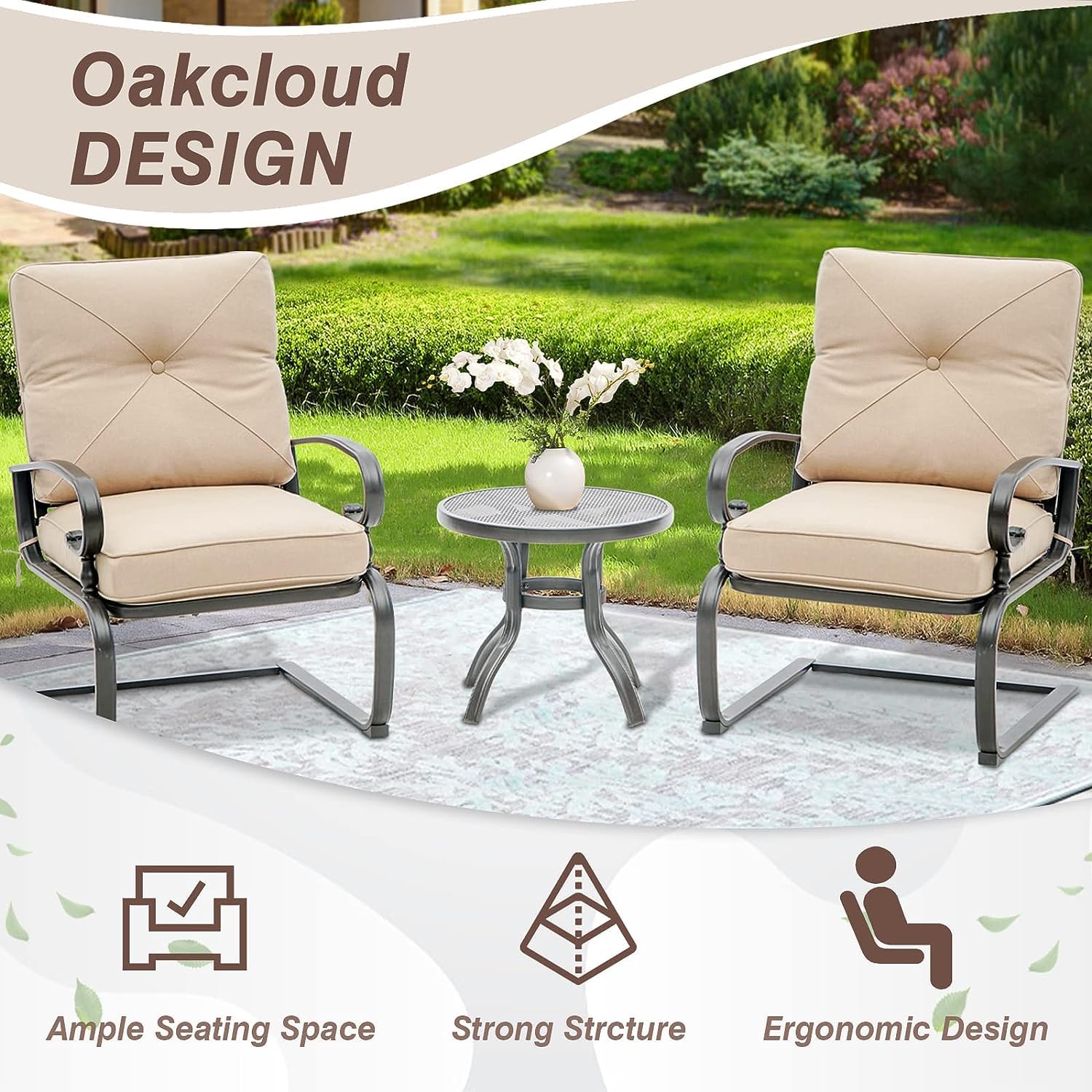Oakmont 4 Pieces Metal Outdoor Furniture Patio Conversation Set, Glider Chairs Set with Round Side Table, Spring Lounge Chair Sets Metal Frame Wrought Iron Look (Brown)