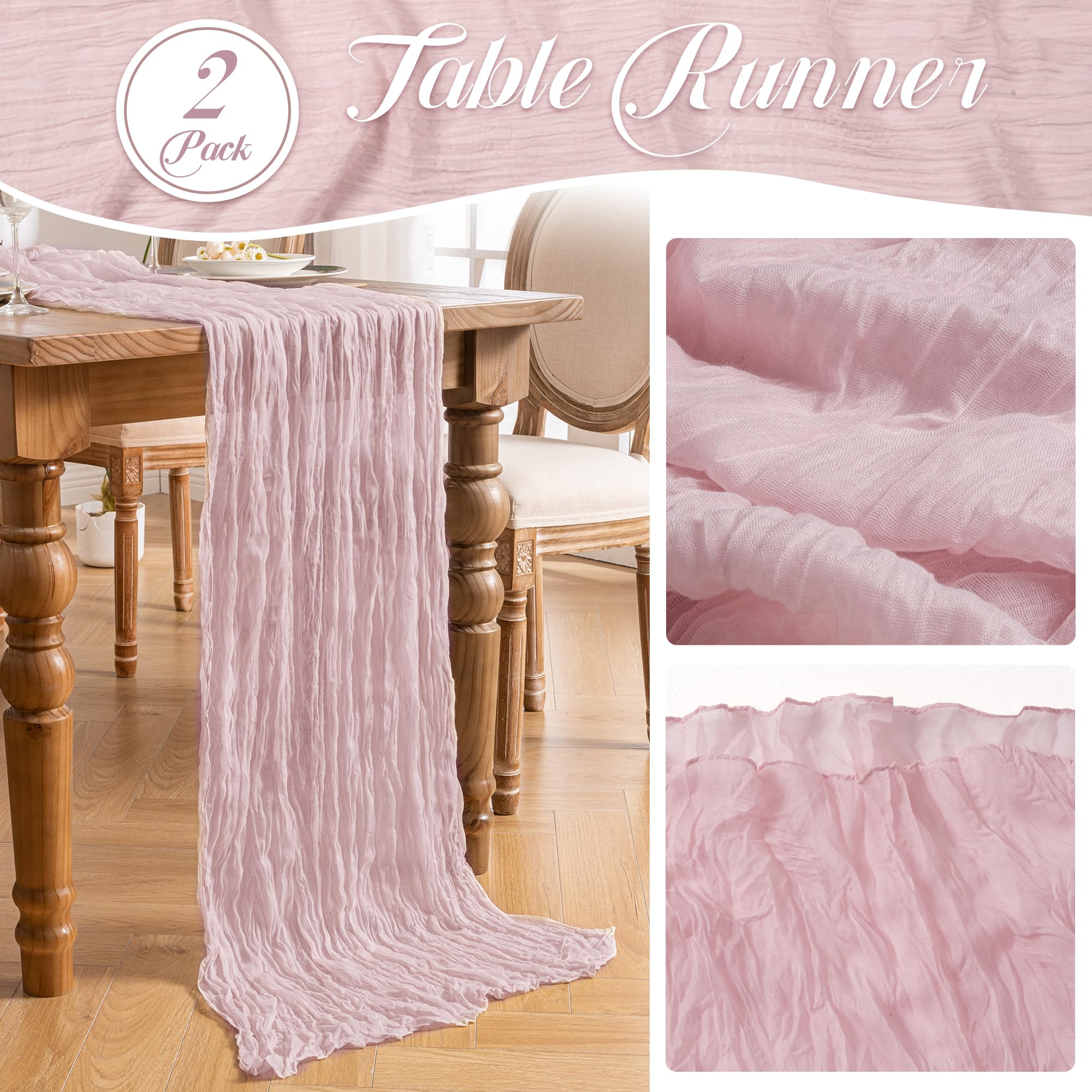 Leetaltree 2 Pack Pink Cheesecloth Table Runner, 35x120 Inch Boho Rustic Cheese Cloth Table Runner, Decorative Table Runners for Bridal Baby Shower Decorations or Wedding Table Decorations