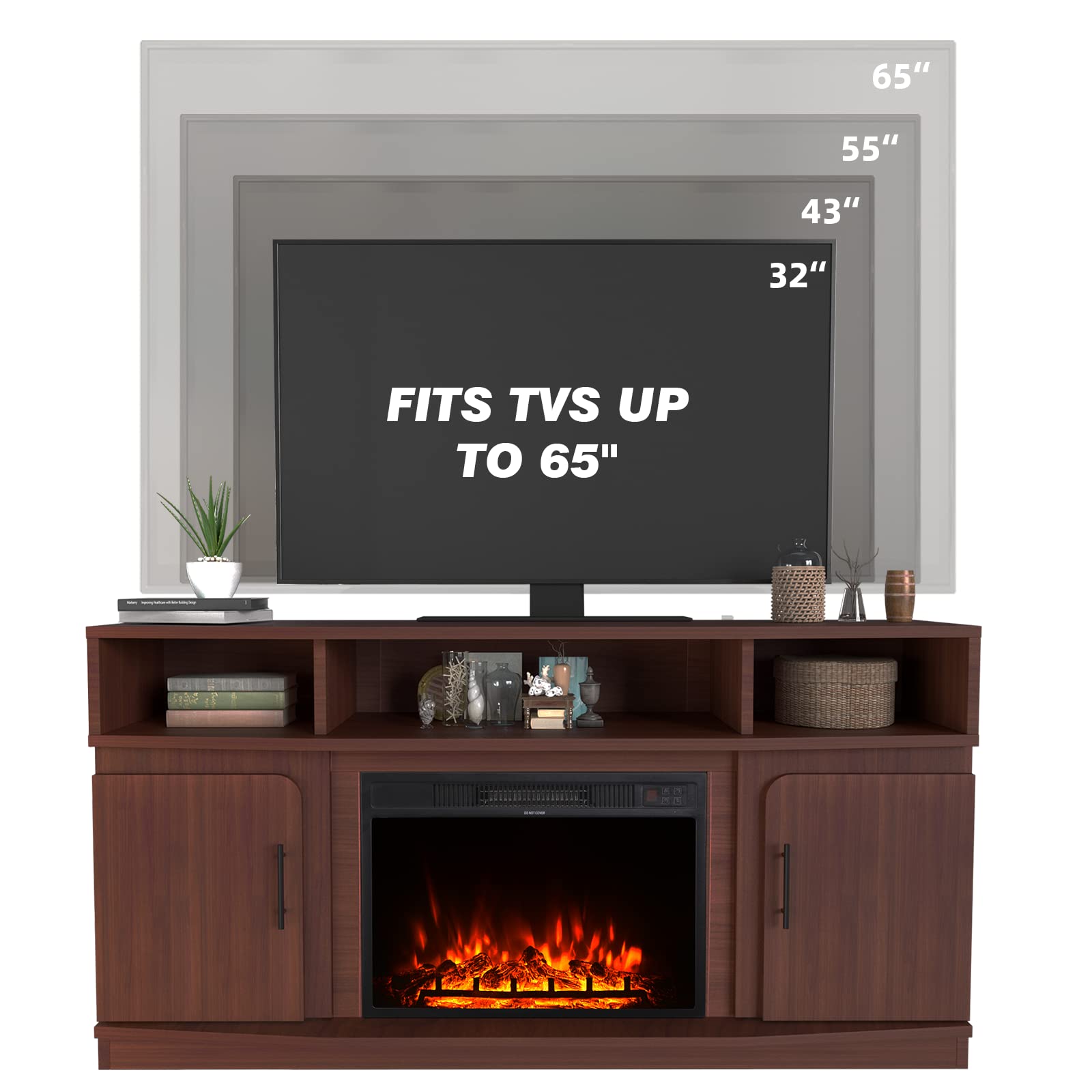 EROMMY 59'' Fireplace TV Stand with 23'' Electric Fireplace Insert, Entertainment Center with Adjustable Shelves, TV Console for TVs up to 65'' for Living Room, Bedroom, Office, Rustic Walnut