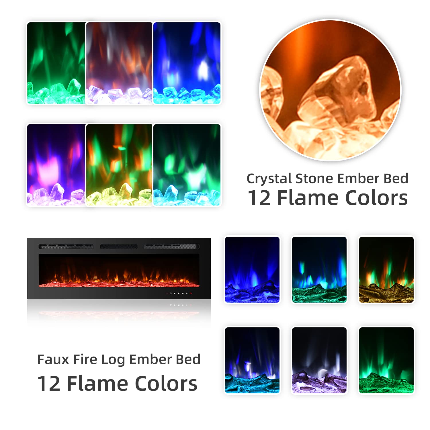 EROMMY 60 in Electric Fireplace Insert,Recessed and Wall Mounted Fireplace with Timer, Free Standing, Remote Control, Touch Screen, Overheating Protection, Log&Crystal, 9 Adjustable Flame, 750/1500W