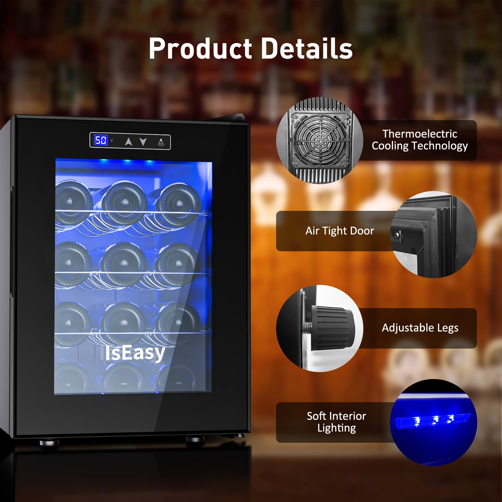 IsEasy 12 Bottles Wine Cooler Refrigerator 46℉-66℉ Temperature Mini Wine Fridge with Double-Layer Tempered Glass Door Wine Cellar for Red Wine, Champagne for Home, Kitchen, or Office