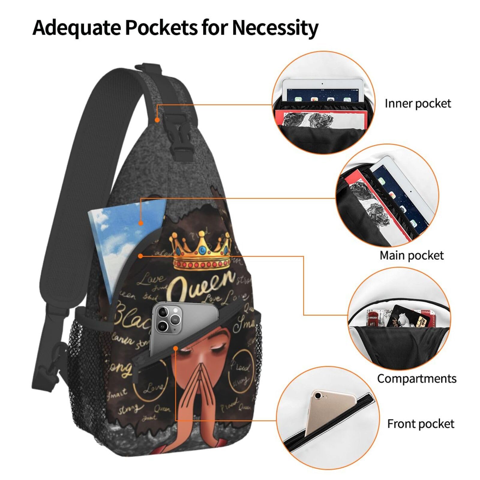Dudietry Cross Chest Bag Diagonally - Sling Shoulder Bag for Women with Multiple Pockets and Adjustable Strap and Short Trips African American Afro Woman