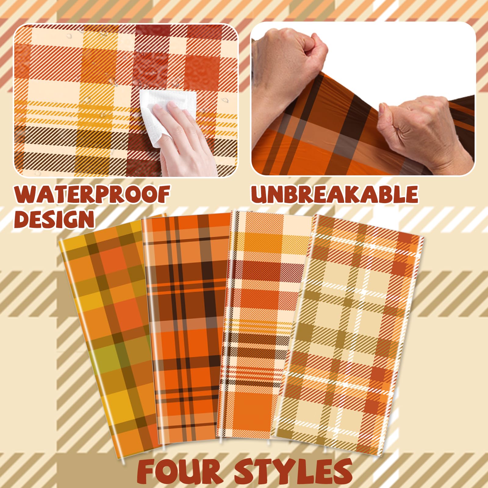 Lenyunge 4PCS Orange Fall Plaid Tablecloth,Checkered Thanksgiving Disposable Tablecloth Waterproof Plastic Autumn Buffalo Plaid Table Cloth for Fall Thanksgiving,54x108Inch