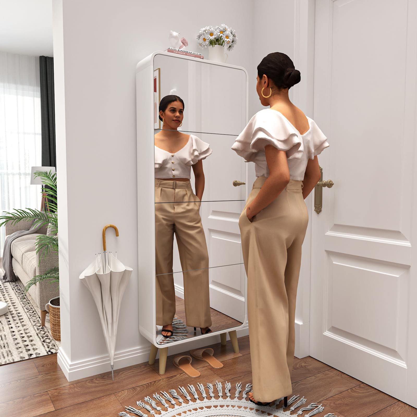 Organizedlife Mirror Shoe Cabinet with 4 Flip Drawers, Wooden Shoe Organizer with Solid Wood Legs, Full Length Mirror Shoe Rack, Narrow Shoe Storage Cabinet for Entryway