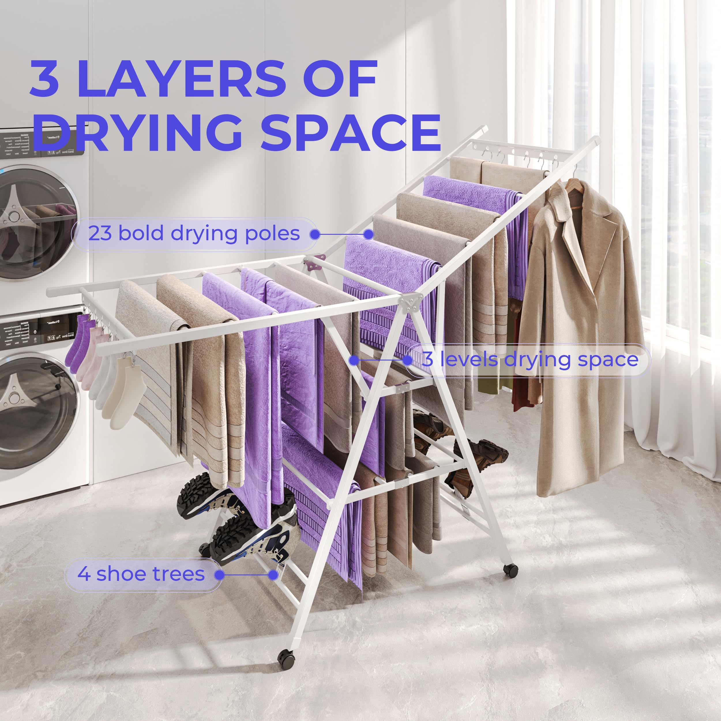 JOISCOPE 64 Inch Clothes Drying Rack Foldable,3-Level Gullwing Laundry Drying Rack& 3 Kinds of Height Adjustable,Free-Standing Large drying rack for Indoor Outdoor Use,Not Install & Space Saving,White