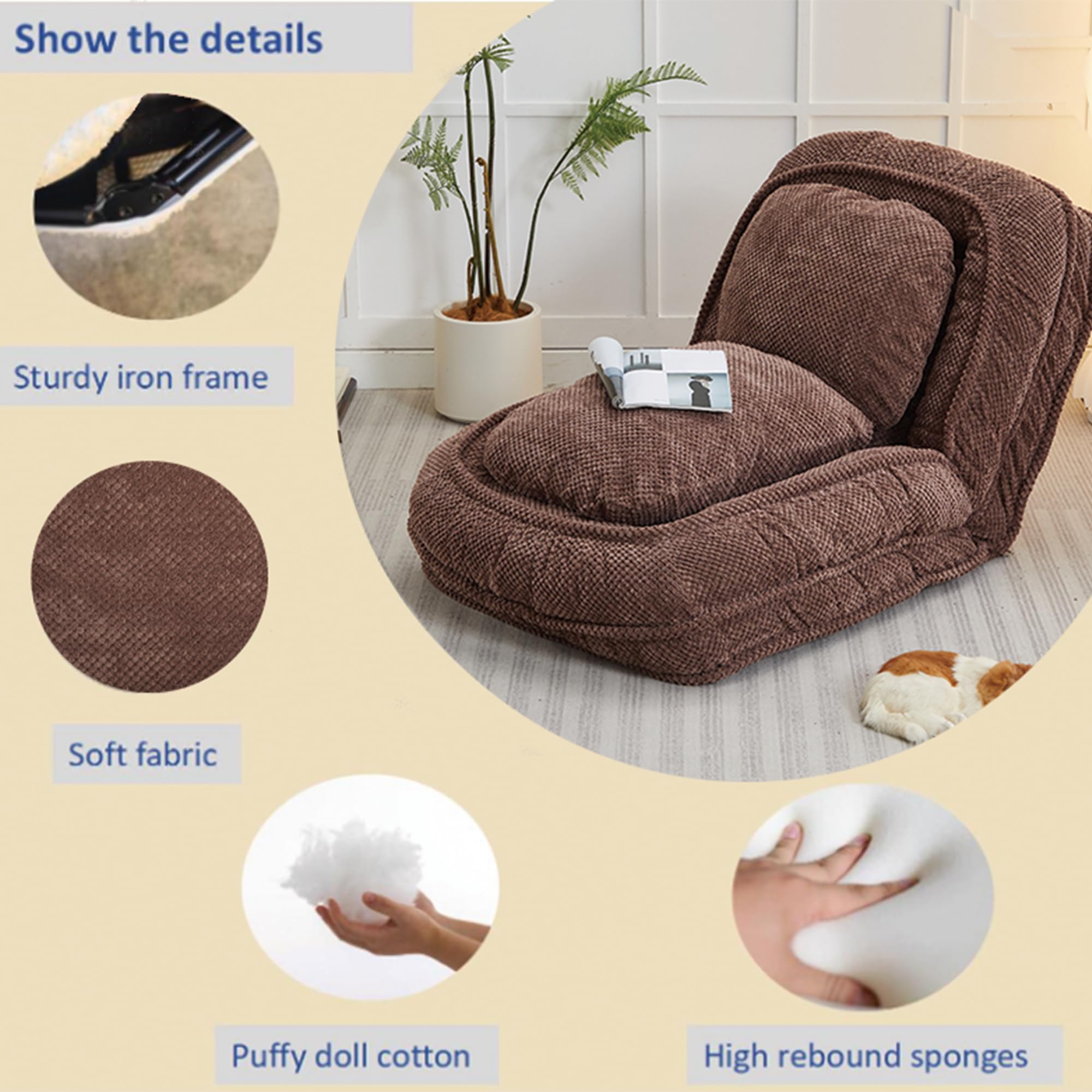 KINFFICT Floor Sofa,Human Bed,Lazy Sofa Couch,5 Adjustable Position,sit,Sleep,fold,Suit to Put in Bedroom, Living Room,Space Saving Design (Brown)