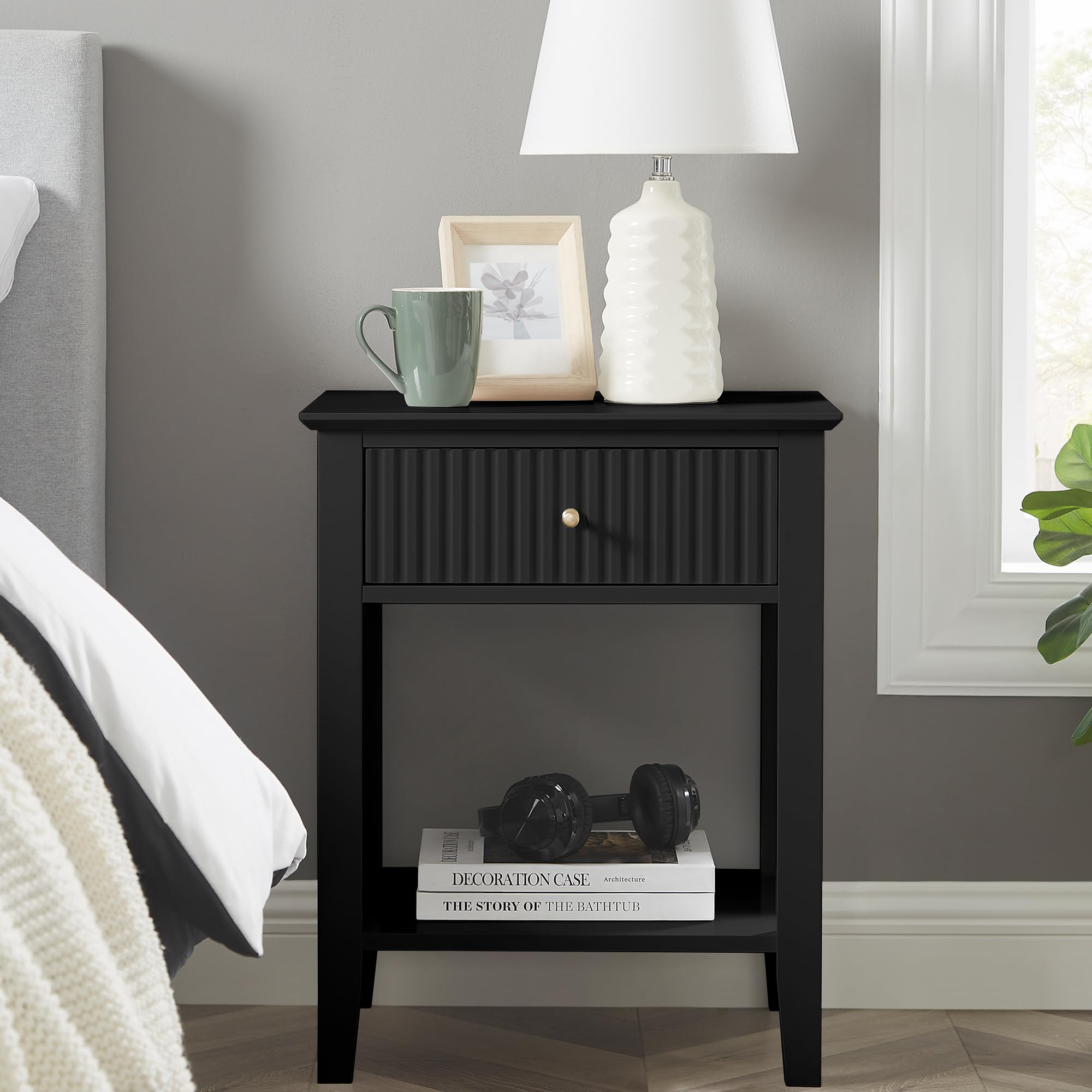 OCANDO Fluted Black Nightstand, 1 Drawer Bedroom 19β Night Stand, Small Bed Side End Table with Storage Shelf for Living Room, Sofa Couch