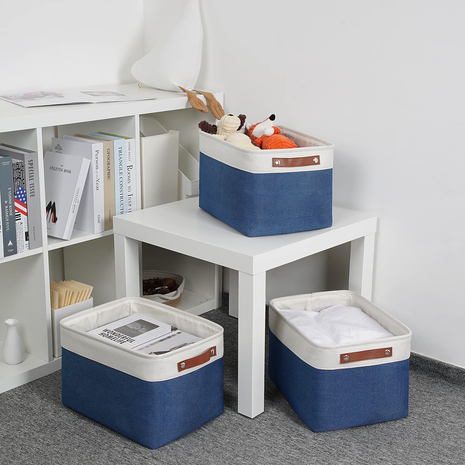 DULLEMELO Collapsible Bundle Baskets 3 Medium Baskets 15"x11"x9.5" + 2 Large Baskets 16"x12"x12"(White&Blue)