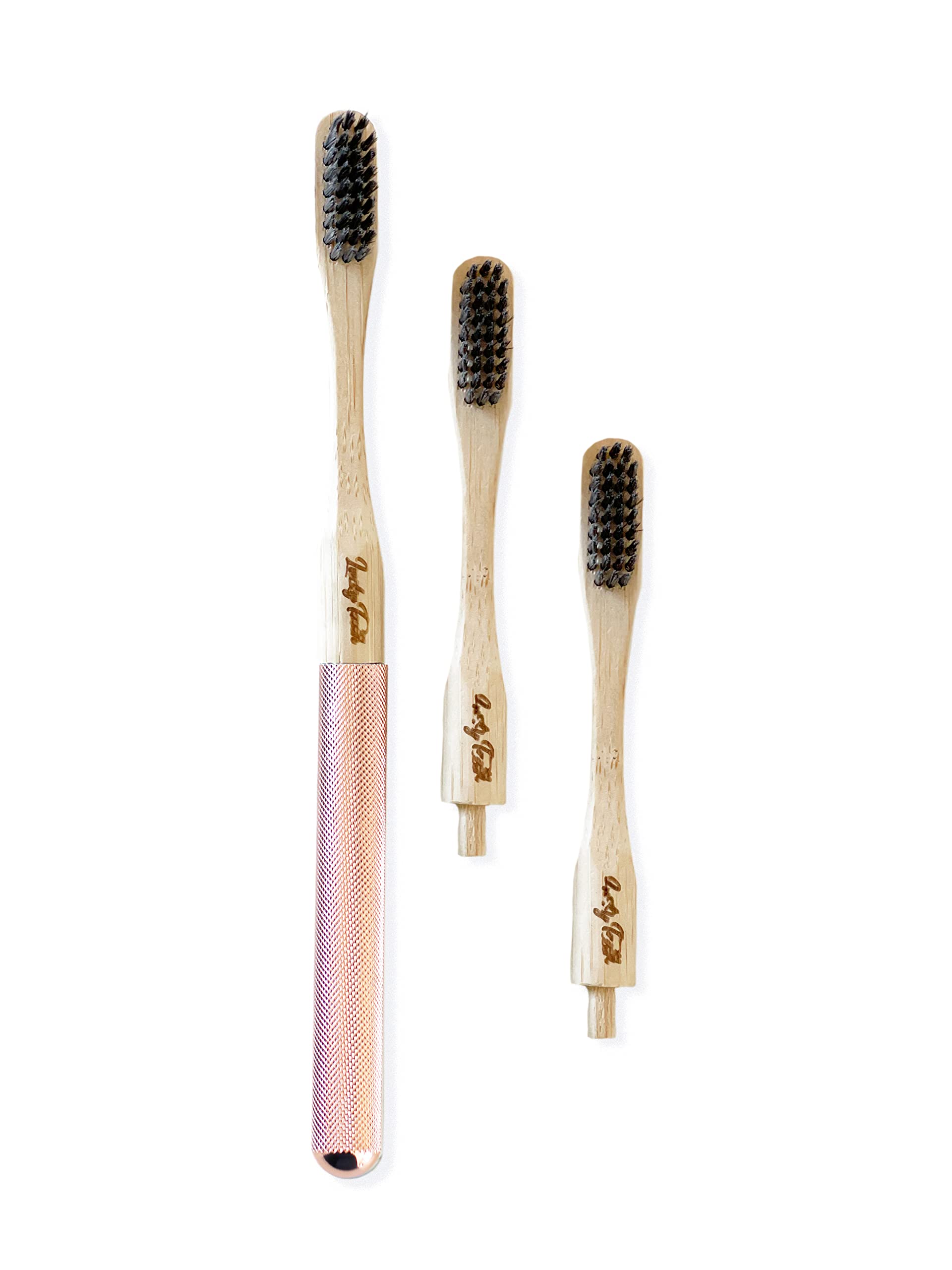 Replaceable Bamboo Toothbrush Aluminum Handle - BPA Free, Soft Bristles | Eco-Friendly, Biodegradable, Compostable, Vegan & Zero Waste | 3 Heads Total | 9-12 Months supply. (COPPER CHARCOAL BRISTLES)