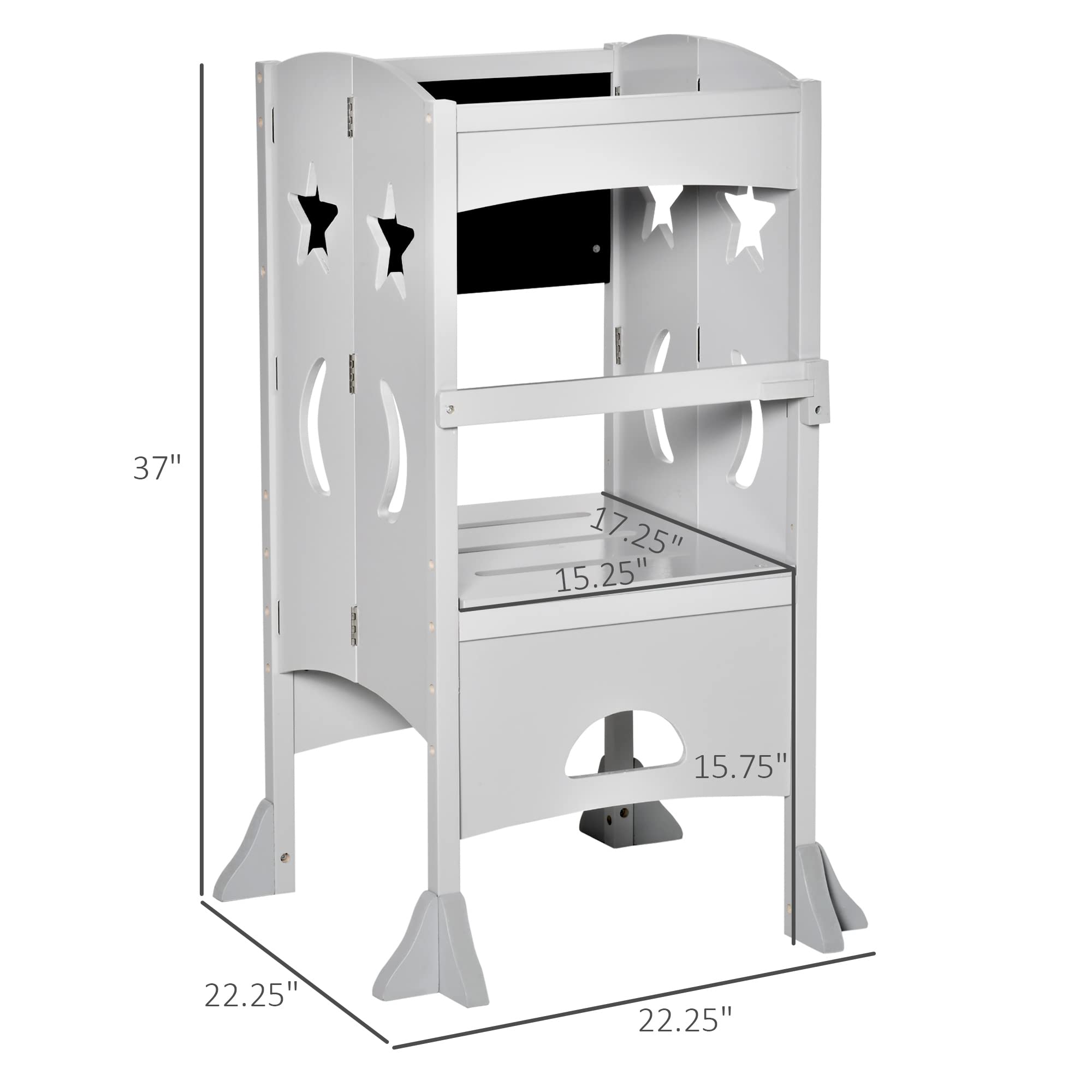 Qaba 2 in 1 Kids Foldable Kitchen Step Stool, Toddler Standing Tower with Chalkboard and Lockable Handrail for Children 3-6 Years Old, Gray