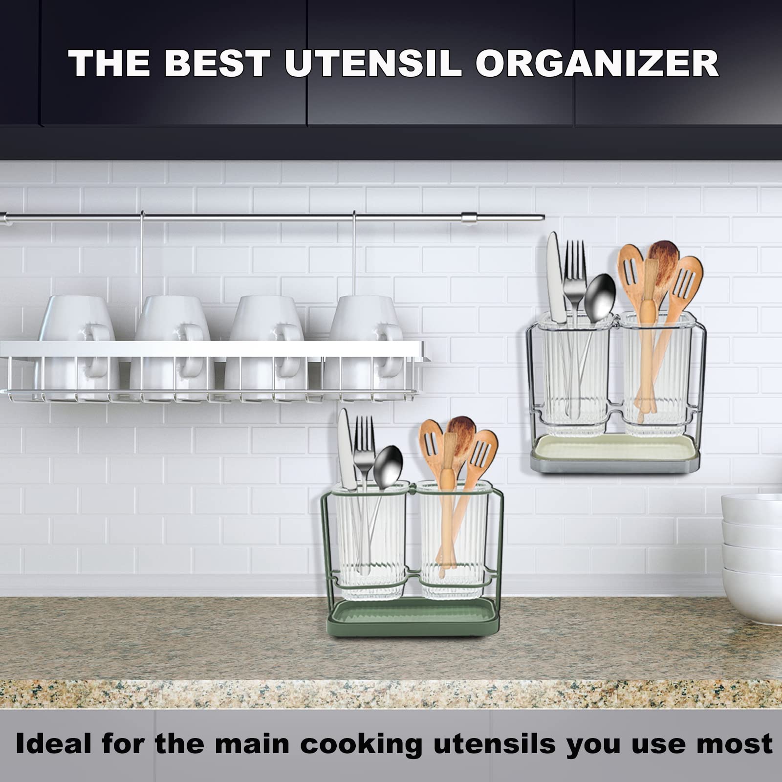 fapugh Kitchen Utensil Holder, Wall Silverware Organizer with Drain Tray, Utensil Holder Flatware Cutlery Storage Organizer for Kitchen Decor and Countertop, with 2 Draining Chopstick Cage (Silver)