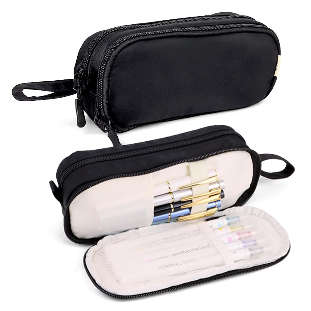 iSuperb 2 Compartments Pencil Case Zippered Pencil Pouch With Handle Big Large Capaciy Aesthetic Organizer Canvas & Nylon Pen Bag Handbag for Travel Office Stationary (Black)
