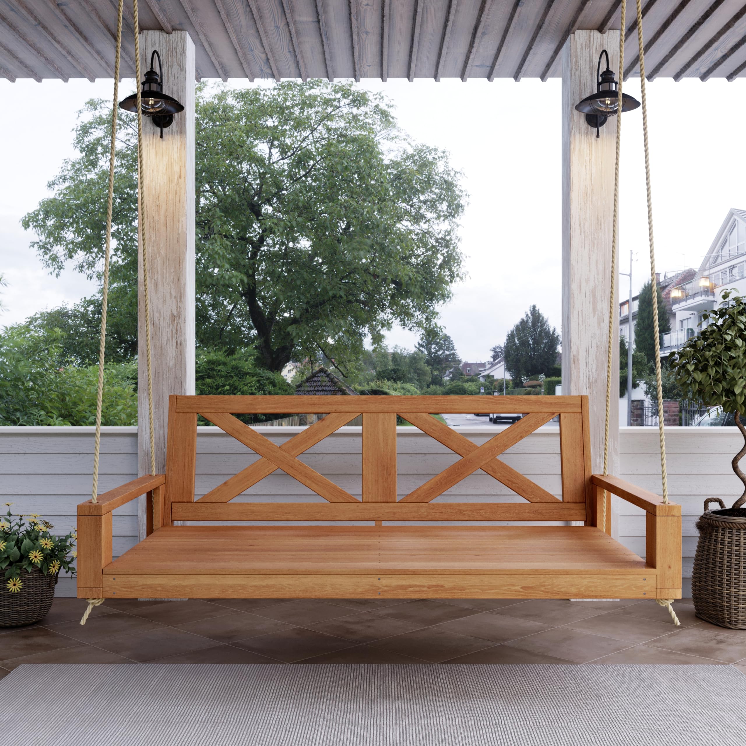 Malvern 6 Foot Wood Porch Swing Bed in Cedar Stain, Amish Handcrafted Daybed Style Swing
