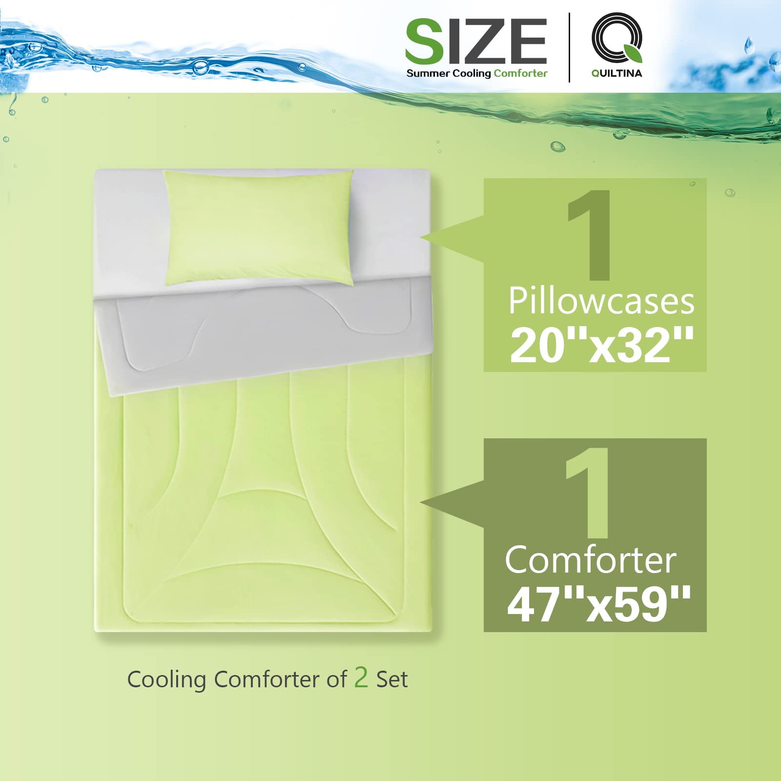 QUILTINA Summer Cooling Comforter Set Children's with 2 Pillowcase for Hot Sleepers Night Sweats, Safe Fabric Lightweight Blanket, Cool Q-MAX>0.4, Soft Back for All Seasons, Throw Size, 47"x59"