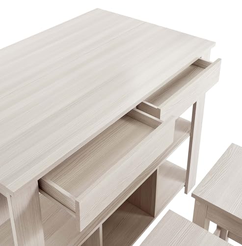 Modway Meadowbrook 3-Piece Kitchen Island with Seating and Drop-Leaf Table in White Maple - Freestanding and Small Space Kitchen Cart with Storage, Includes 2 Stools