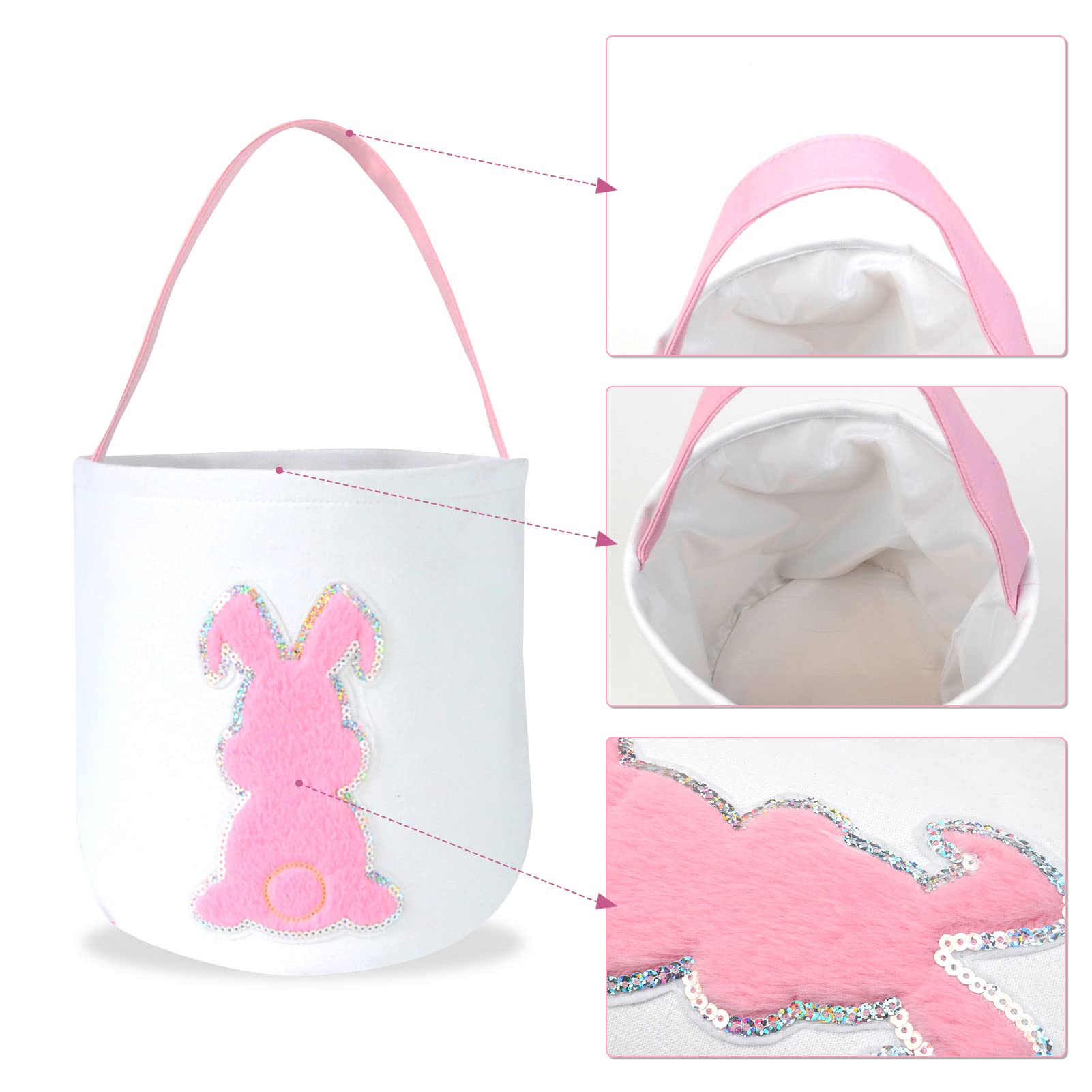 Easter Basket for Kids Easter Bunny Bag Easter Decorations, Easter Bunny Basket Bags Canvas Cotton Personalized Egg Basket Hunt Bags Cute Rabbit Print Buckets for Easter Eggs, Candy, Gift (Rose)