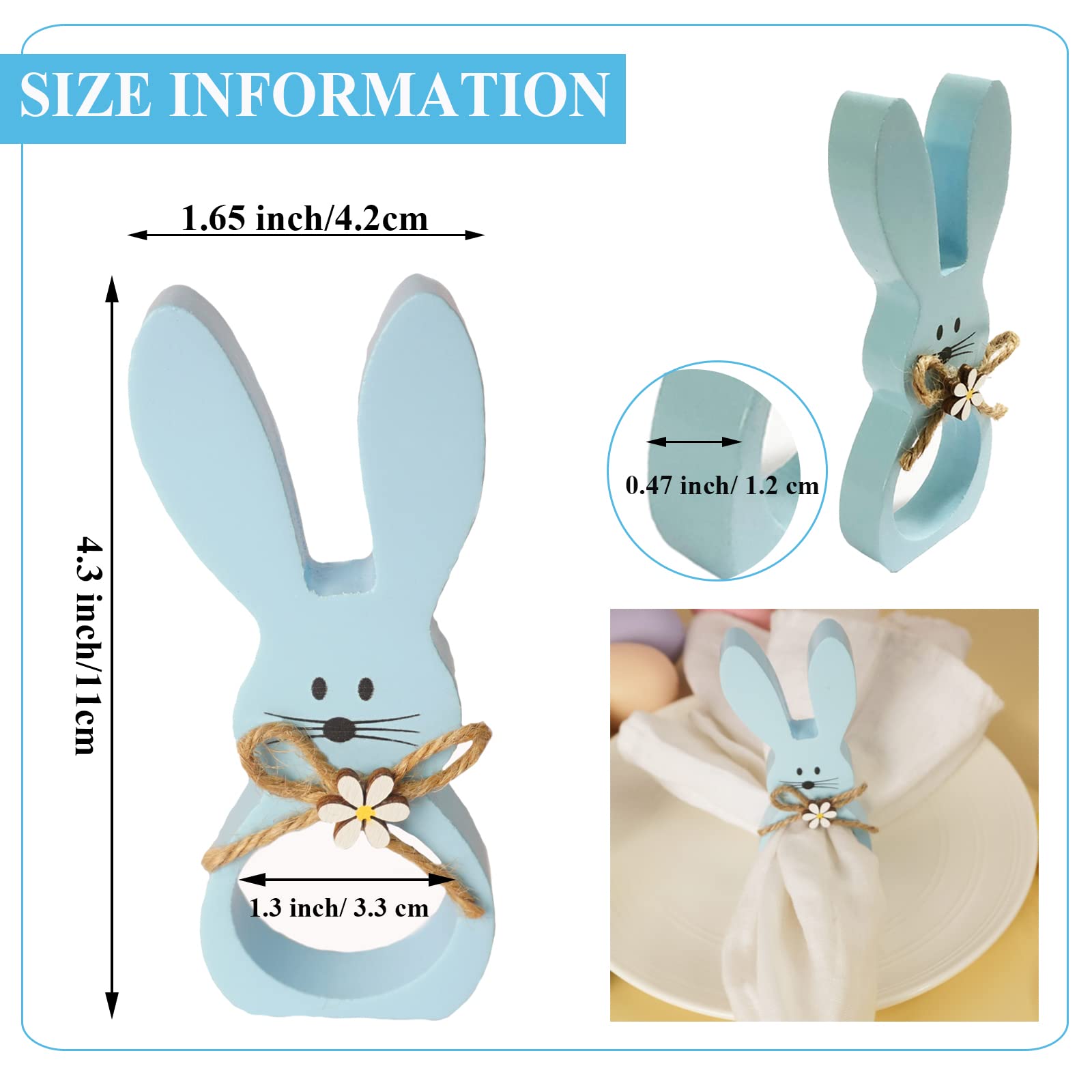 Easter Napkin Rings Set of 6, Wood Bunny Napkin Rings Rabbit Napkin Ring Holders for Easter, Spring Party, Dinning Table Decorations