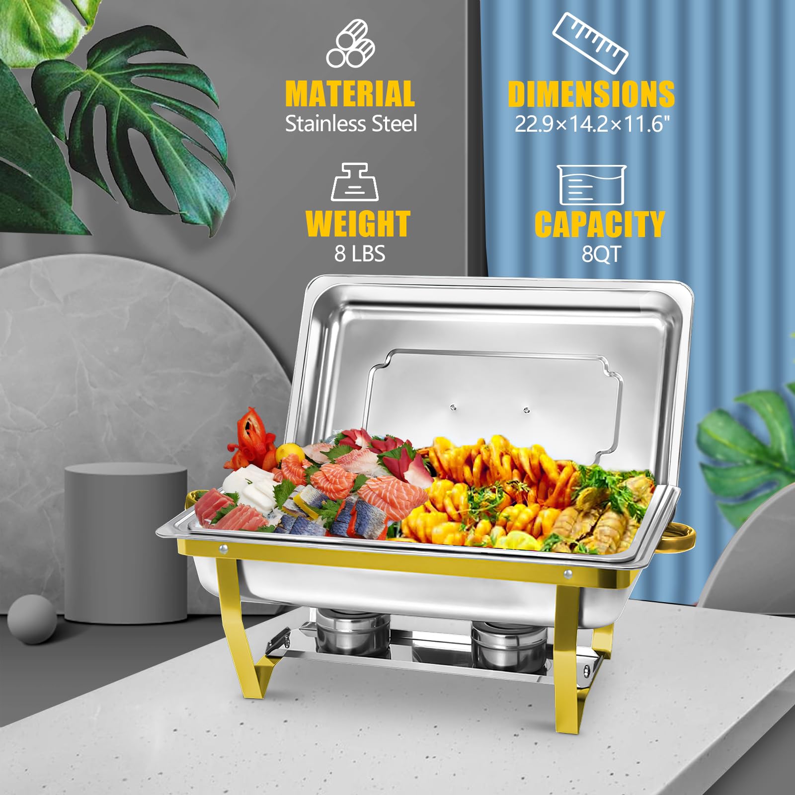 Jacgood 8 Pack 8QT Chafing Dish Buffet Set, Rectangular Stainless Steel Buffet Warmer with Thick Frame for Catering Events Parties Weddings Dinners, Gold