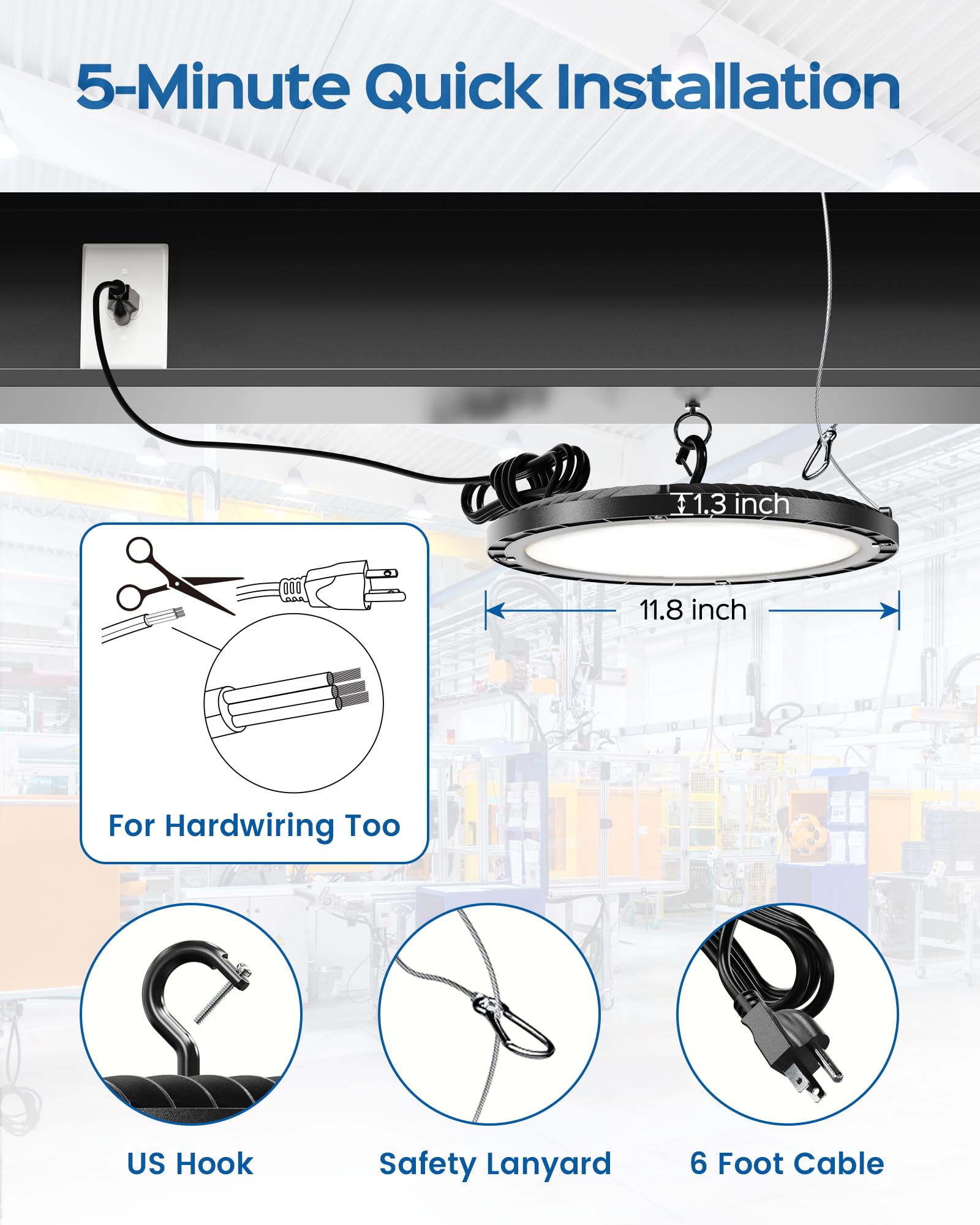 JACKYLED LED High Bay Light 150W Garage Light, 21,000LM 5000K with US Plug Shop Light,UFO High Bay Light with 6ft Cable for Gym Workshop Factory Warehouse Barn (Pack of 4)