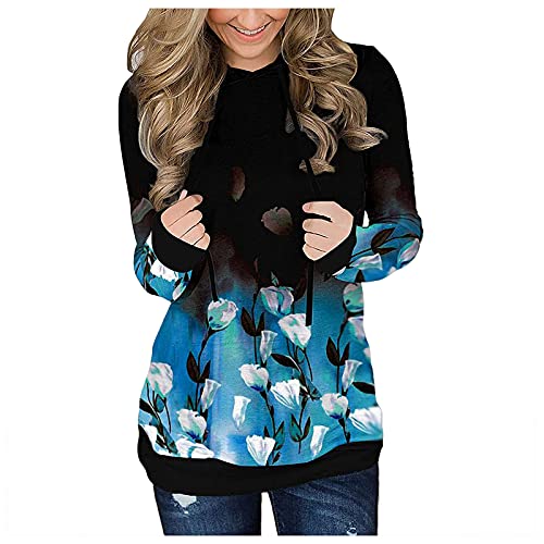 FMCHICO V Neck Blouses For Women Womens Floral Hoodies Sweatshirt Long Sleeve Drawstring Casual Pullover Tops Sweatshirts Blue