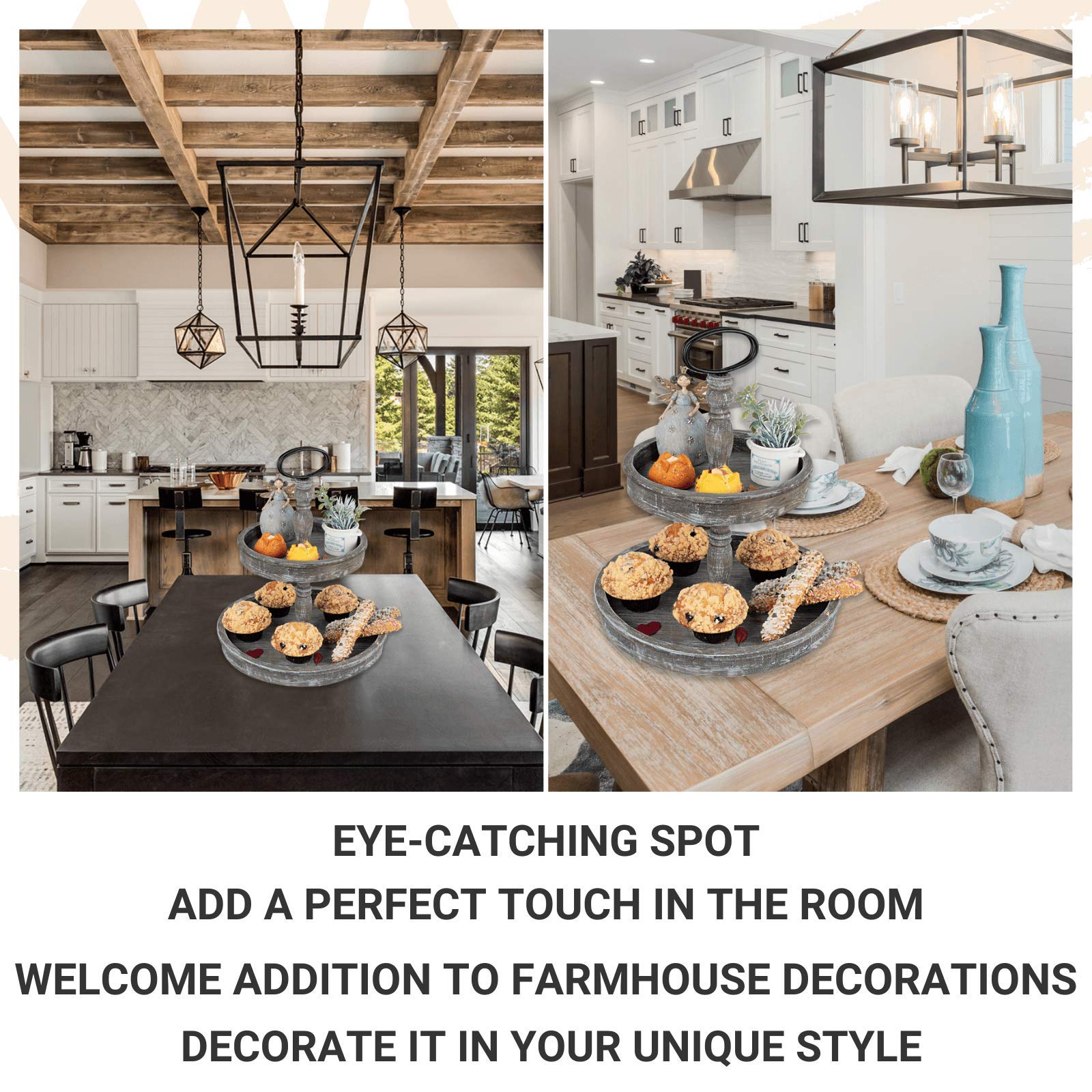 Farmhouse Wooden Two Tier Serving Tray - Wood Two Tiered Tray, 2 Tier Decorative Tray Stand for Cake/Cupcake/Dessert, Rustic Decorative Tiered Tray for All Season for Kitchen/Dining Room/Countertop