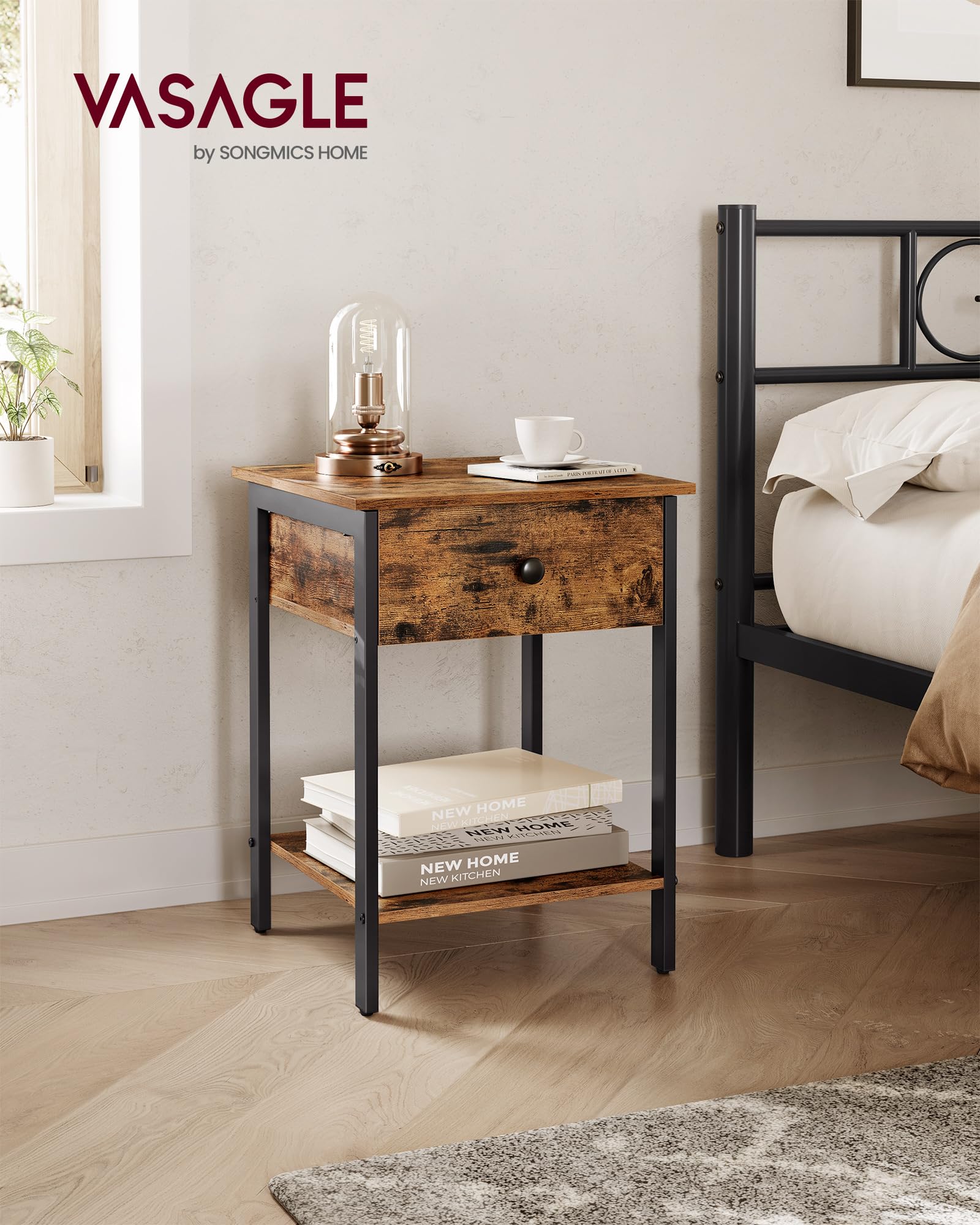 VASAGLE Nightstands Set of 2, Bedside Tables with Drawer, Side Tables, End Tables, for Bedroom, Office, Industrial, Stone Gray and Black ULET506B04