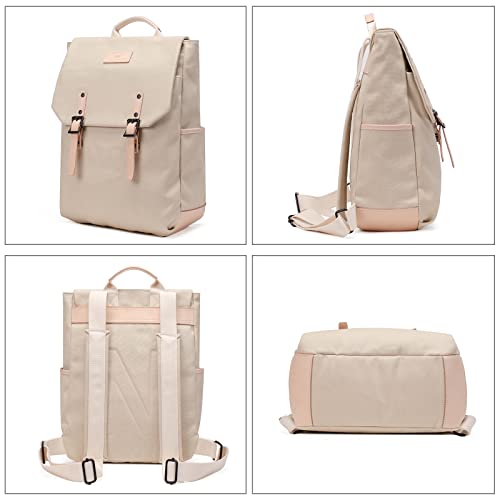 NOL Natural Organic Lifestyle Classic Casual Daypack Backpacks Durable Cotton Leather Vintage Rucksack fit 14 Inch Laptop Bag (Beige)