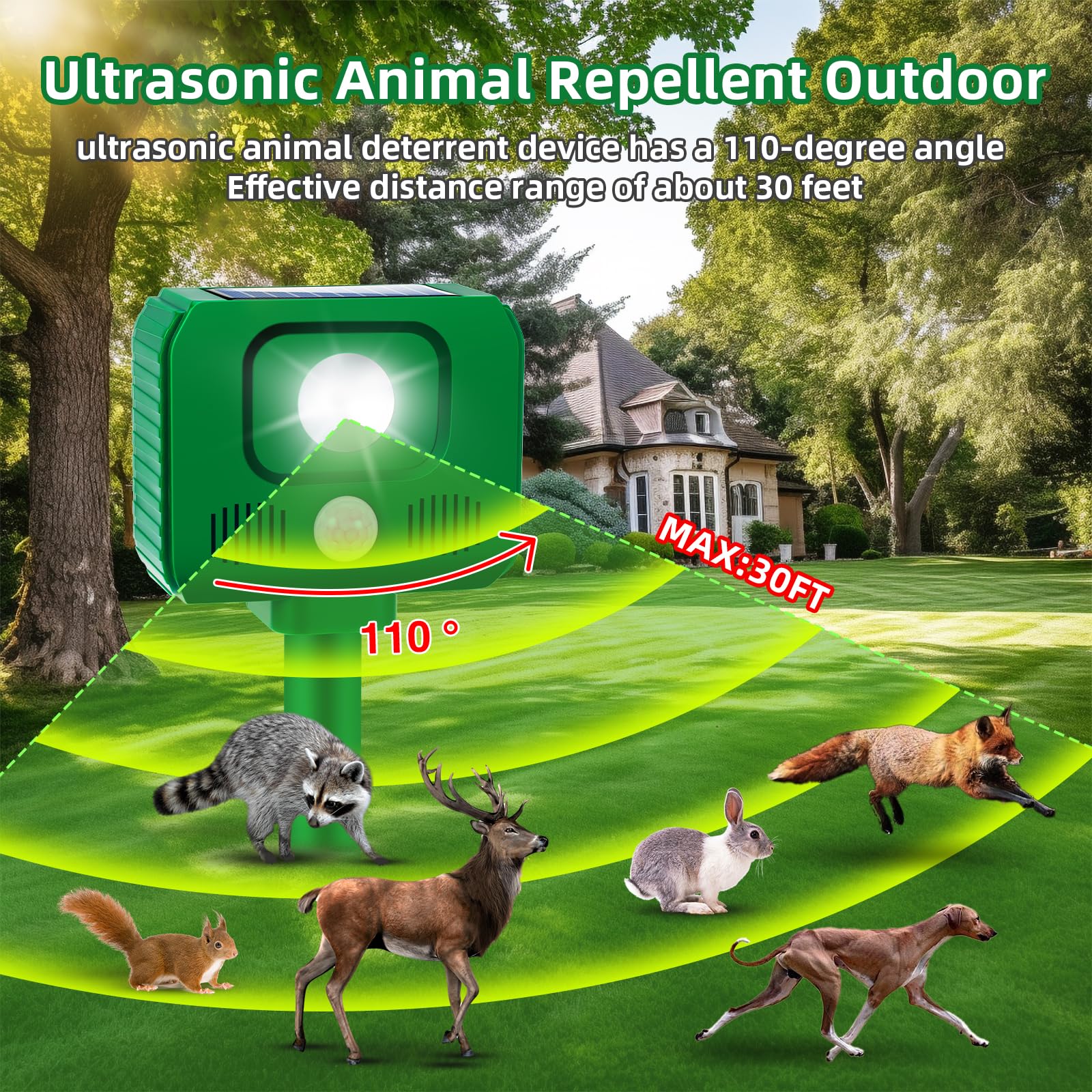 Jahy2Tech Ultrasonic Animal Repellent Outdoor Deer Repellent Devices Sonic Cat Repellent with Motion Sensor & Strobe Light, Skunk Rabbit Raccoon Repellent Solar Animal Repeller Deterrent for Yard