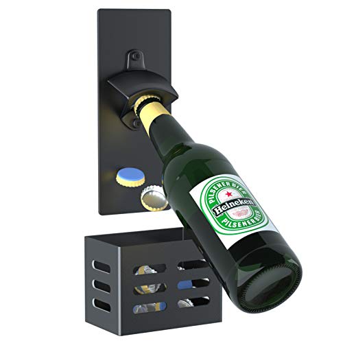 weallbuy Magnetic Bottle Opener with Cap Catcher,Removable Wall Mounted Beer Bottle Opener for Kitchen Fridge,Beer Gifts for Men (black)